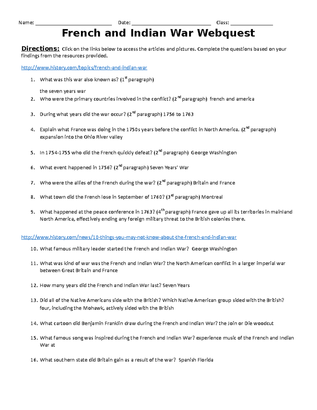 French and Indian War Webquest - Name: ___________________________ Date ...