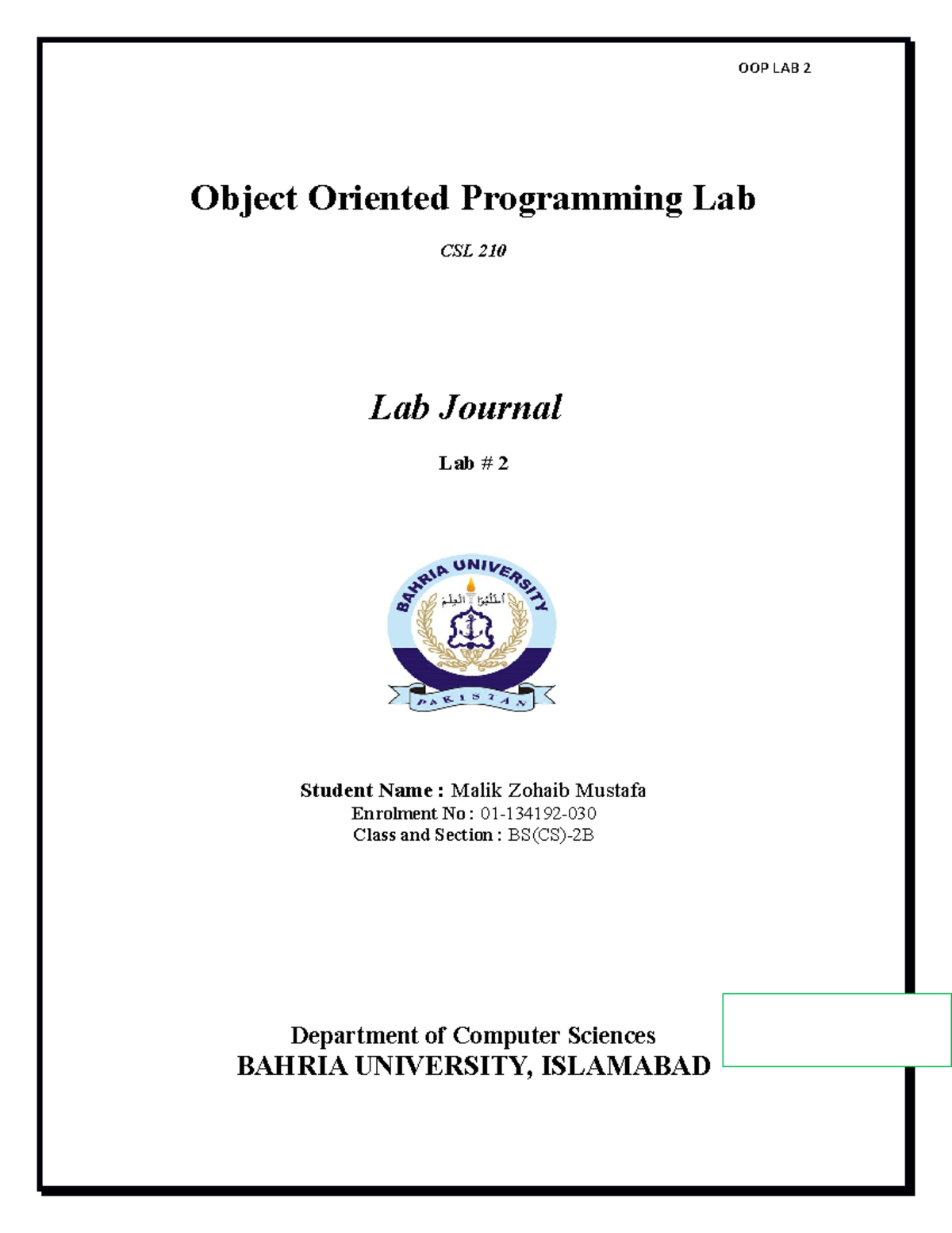 J2 Zaibi 31032020 084109 pm - Object Oriented Programming Lab CSL 210 ...