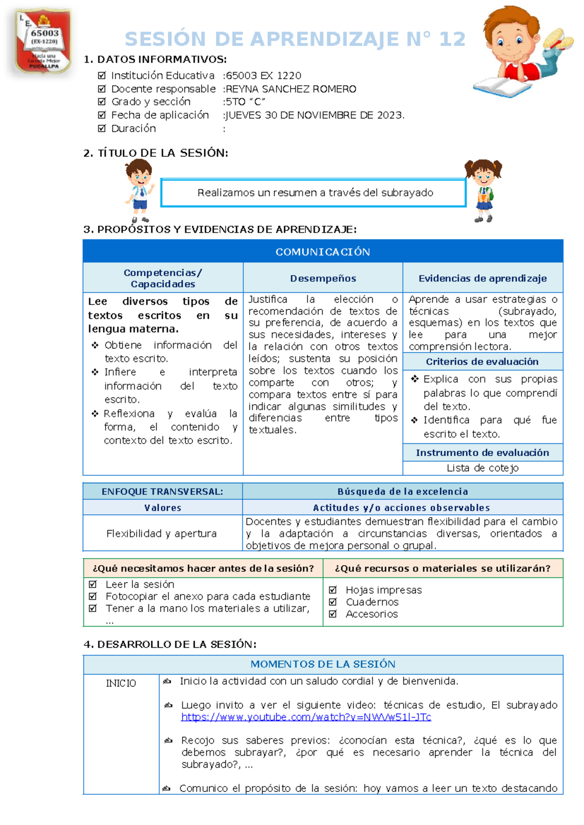 Sesiónes DE Aprendizaje NRO 9 Y10 - SESIÓN DE APRENDIZAJE N° 12 1. DATOS INFORMATIVOS ...
