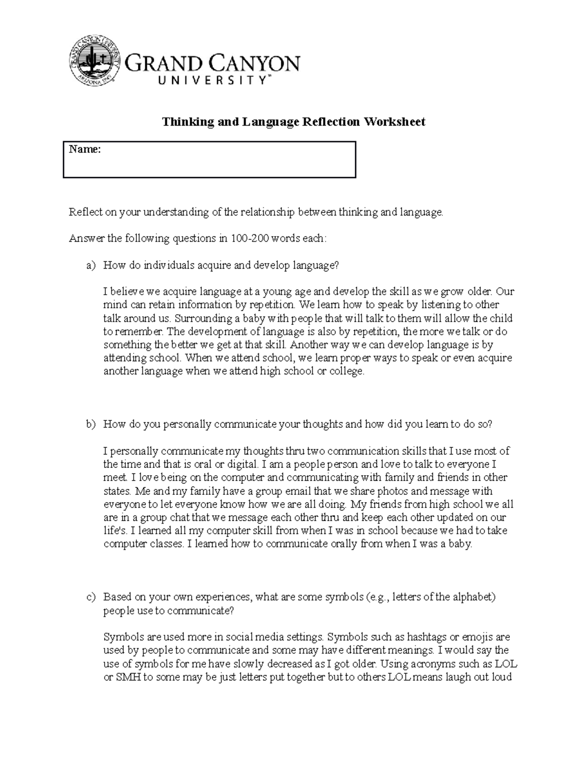 PHI105.T5 Thinkingand Language Reflection Worksheet 1-6-14 - Chelsea ...