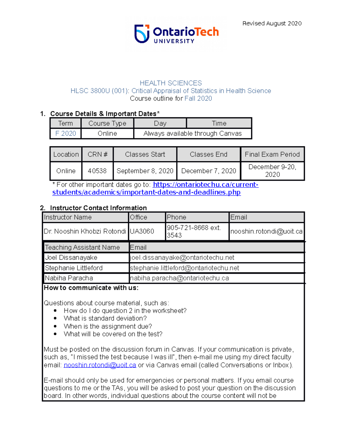 40538 HLSC 3800U course outline Fall2020 - HEALTH SCIENCES HLSC 3800U ...