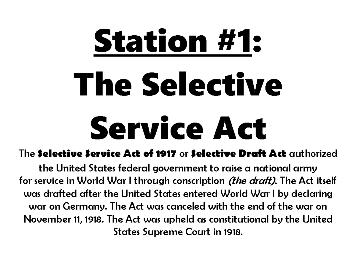 World War I Carousel - wew - Station #1: The Selective Service Act The ...