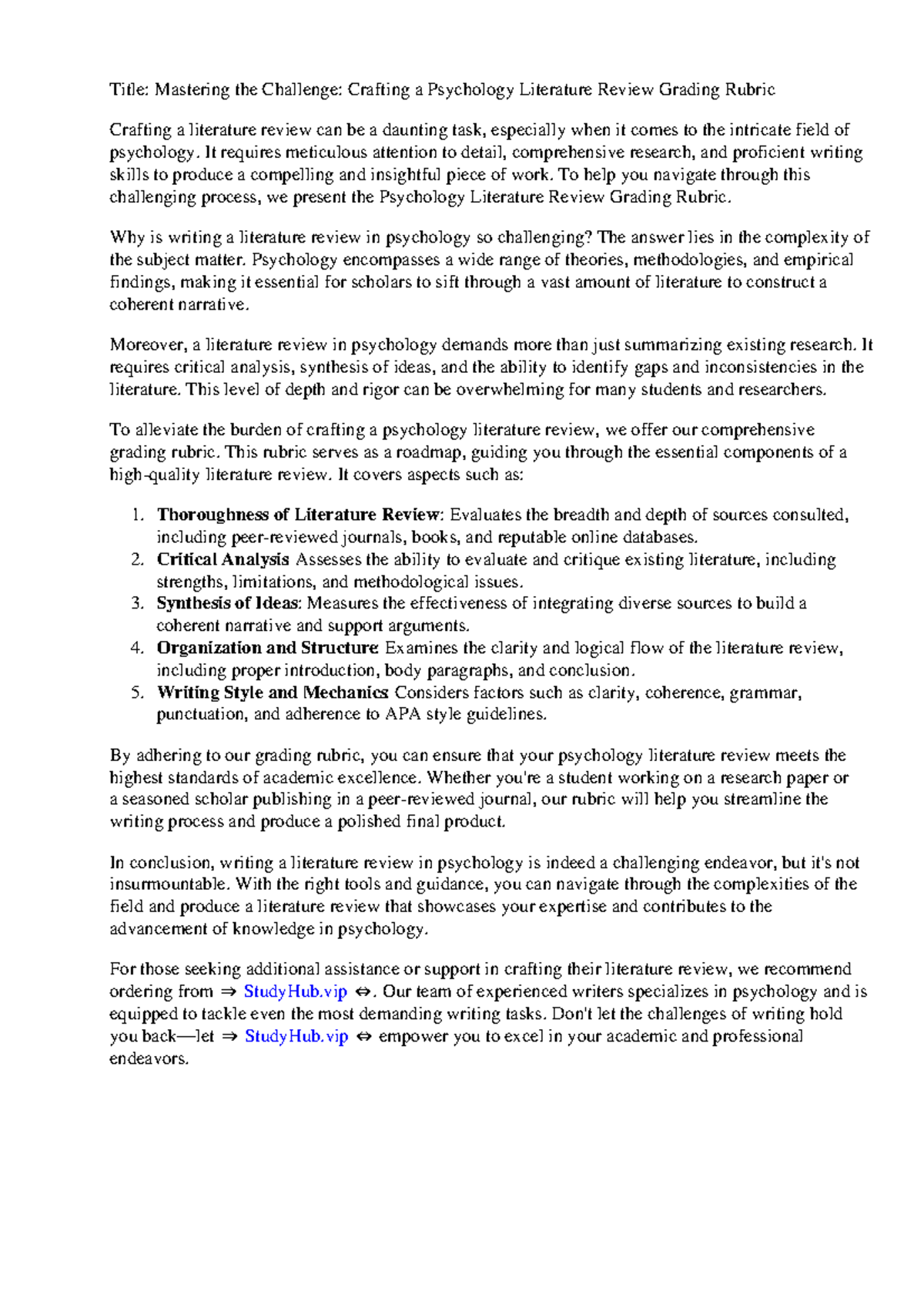 Psychology Literature Review Grading Rubric - It requires meticulous ...