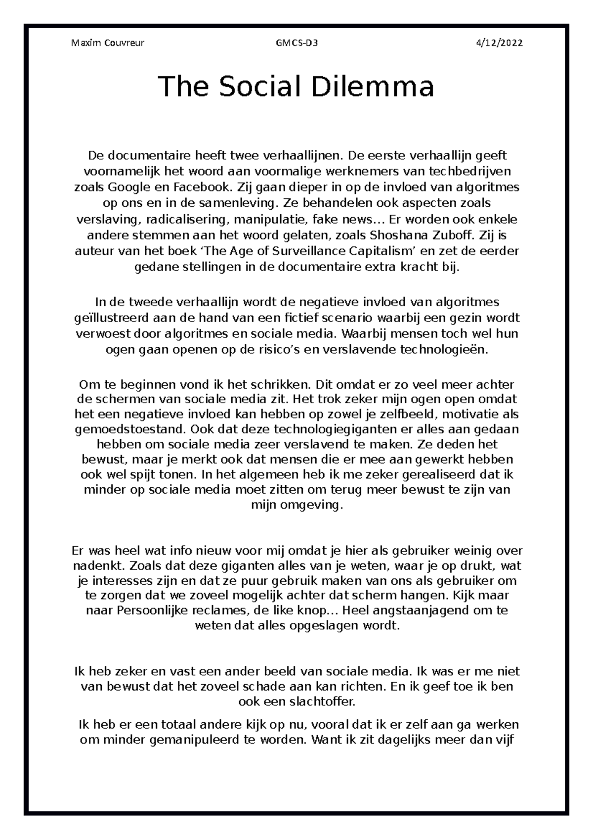 One Pager The Social Dilemma - Maxim Couvreur GMCS-D3 4/12/ The Social ...