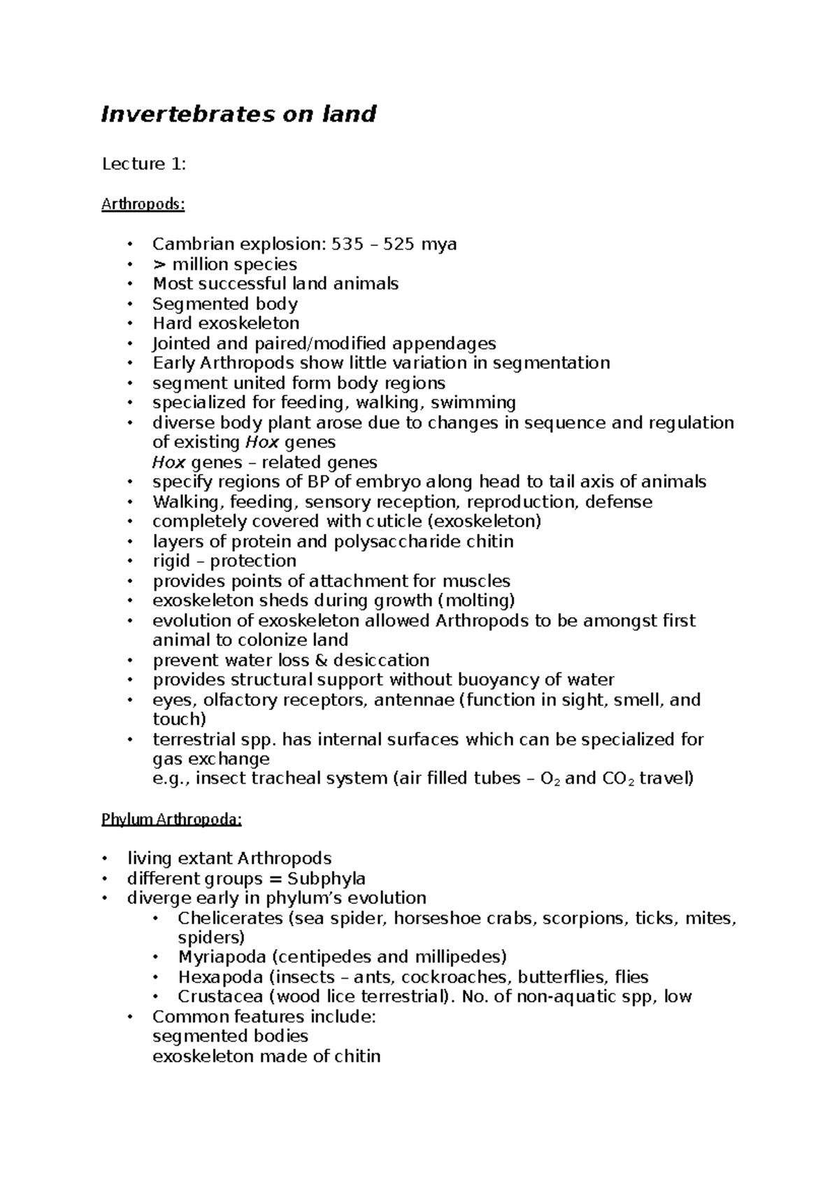 Invertebrates on land - Summary of notes - Invertebrates on land ...