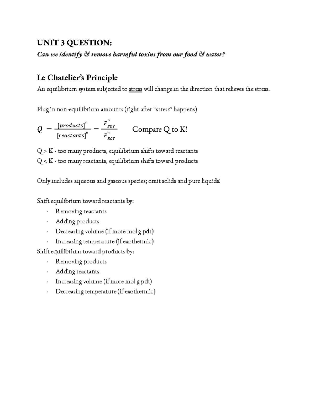 Le Chatelier's Principle - UNIT 3 QUESTION: Can we identify & remove ...