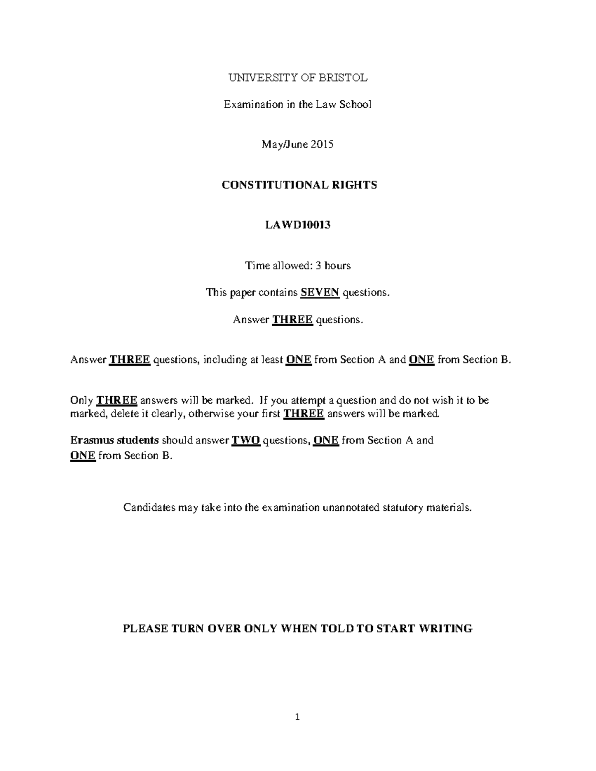 Constitutional Rights Exam Paper 2014/15 - UNIVERSITY OF BRISTOL ...