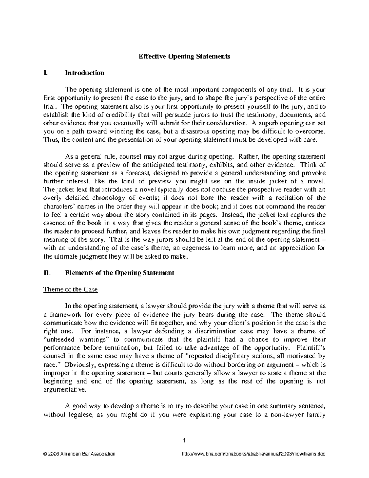 Opening Statements Handout 2 - 1 Effective Opening Statements I ...