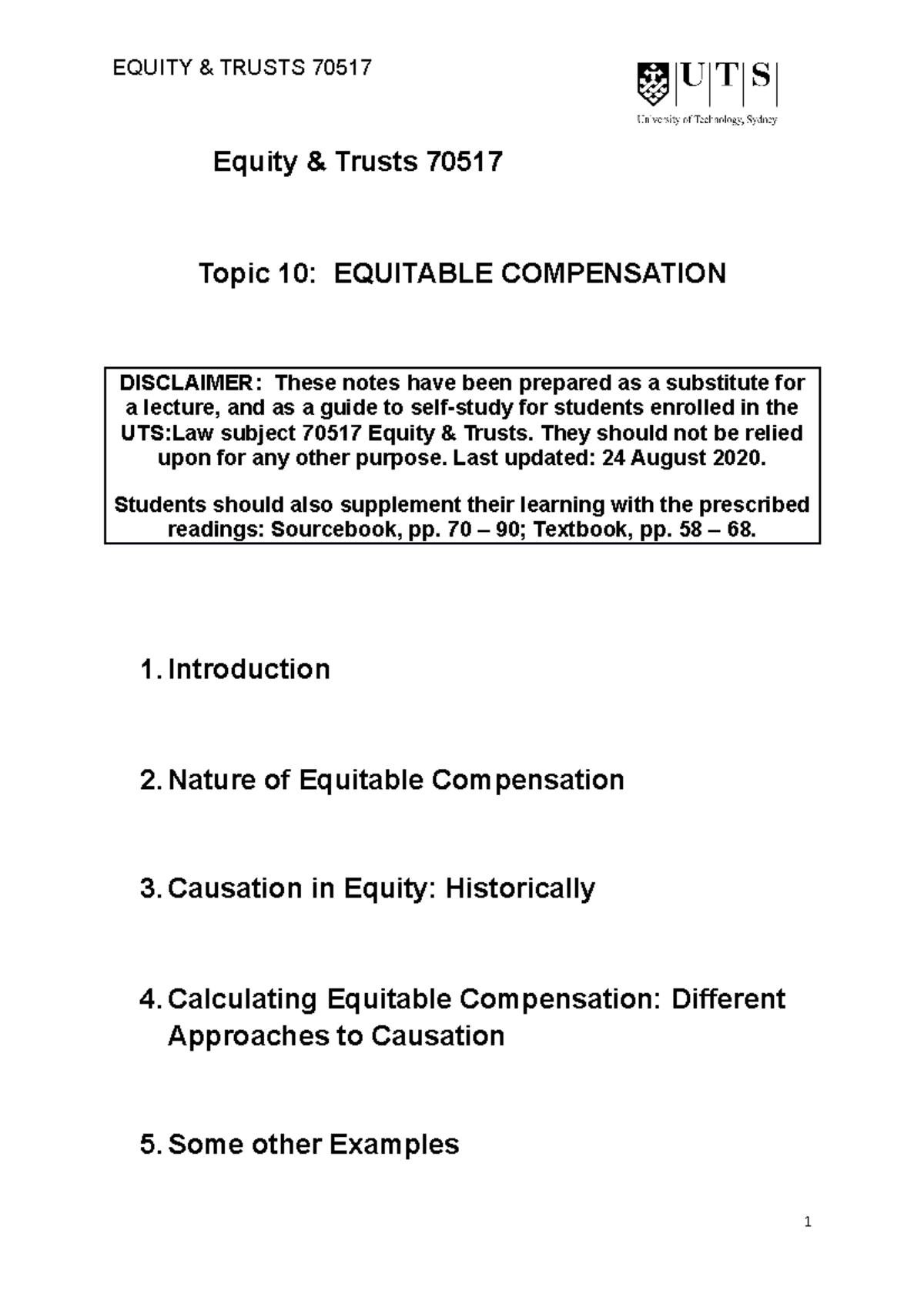 Topic 10 - Equitable Compensation(1) - TUT Q - Equity & Trusts 70517 ...