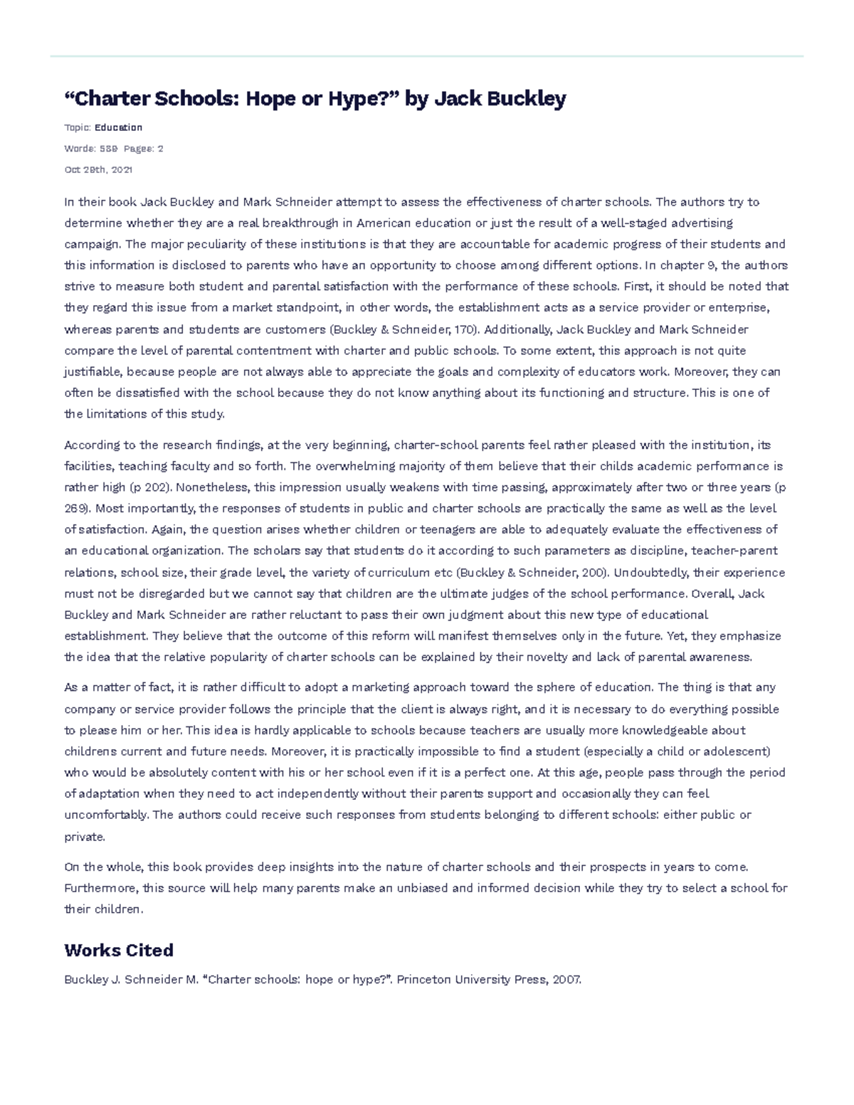 "Charter Schools- Hope or Hype" by Jack Buckley Free Essay Example ...