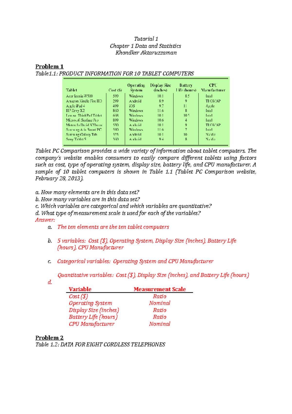 Tutorial 1 Solution - About chapter 1 - Tutorial 1 Chapter 1 Data and Statistics Khondker - Studocu