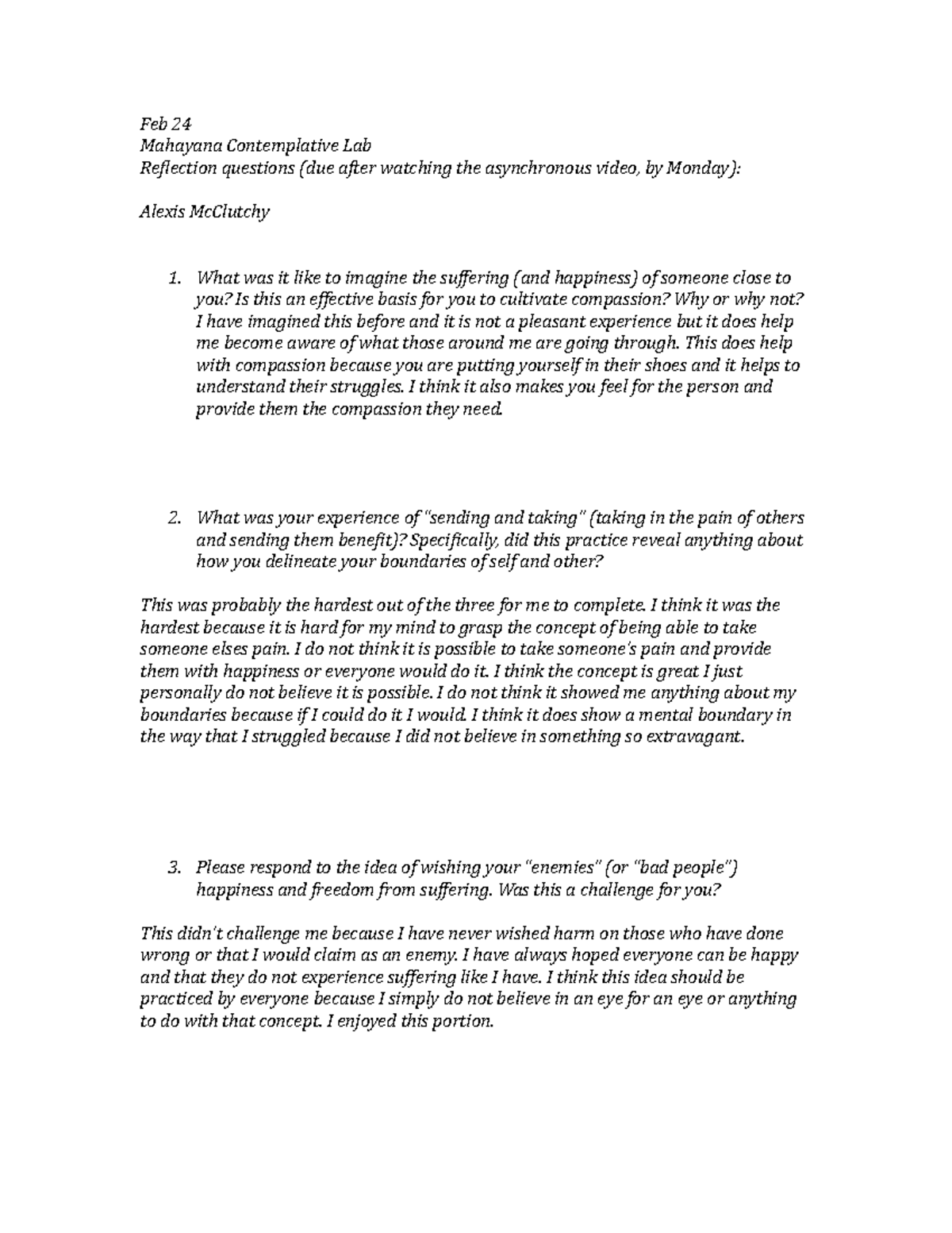 Mahyana contemplative lab reflection questions - Feb 24 Mahayana ...