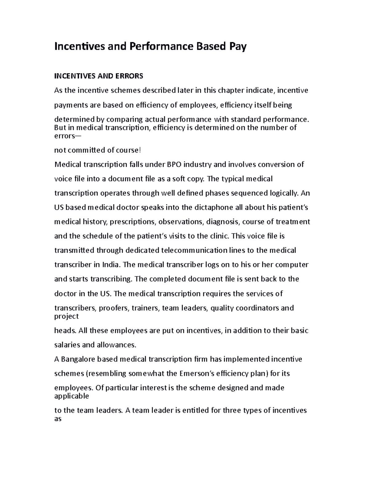 Incentives and Performance Based Pay notes - Incentives and Performance ...