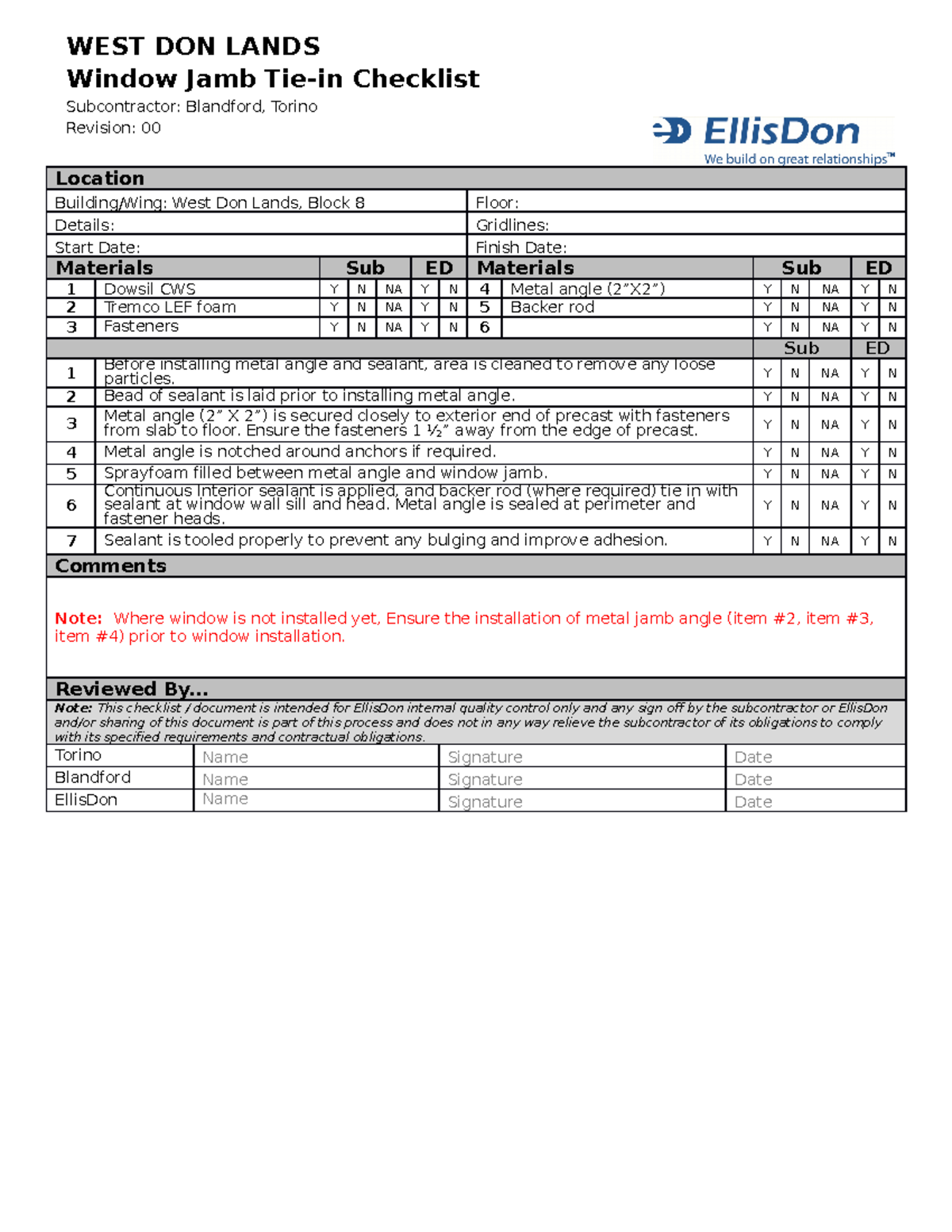 Window Checklist Sample - Location Building/Wing: West Don Lands, Block 8 Floor: Details ...