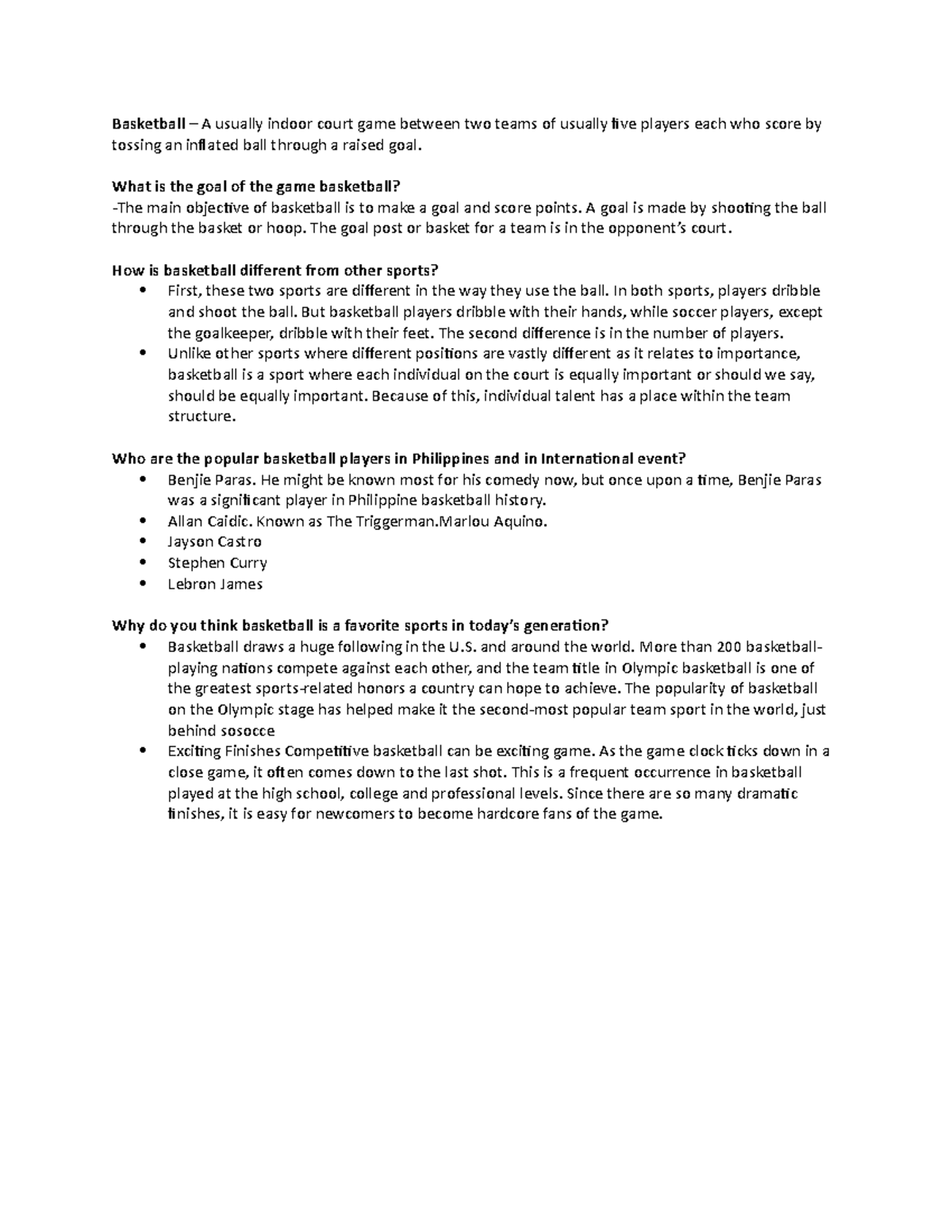 PHYSICAL EDUCATION 4 BASKETBALL NOTES - Basketball – A usually indoor ...