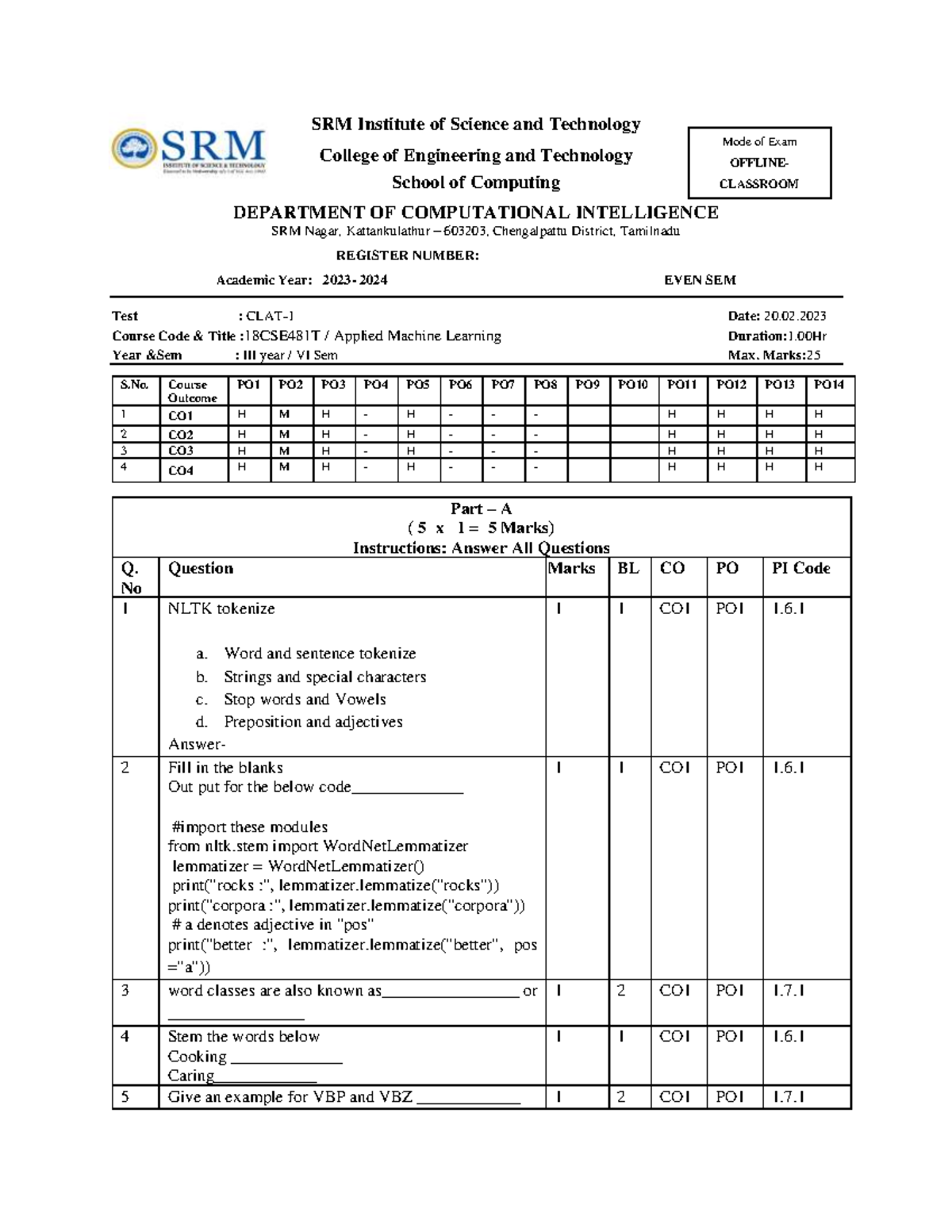 Ct1 Qp Set 1 Ct1 Qp Set 1 Srm Institute Of Science And Technology College Of Engineering And