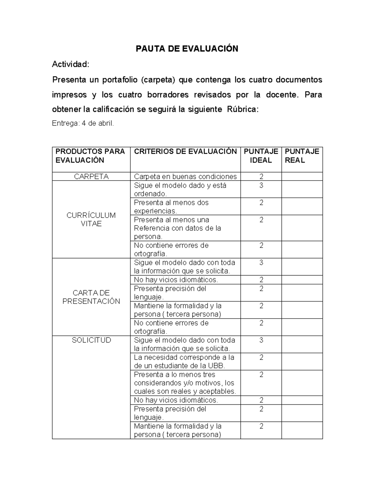 Portafolio Pauta de Evaluación - PAUTA DE EVALUACIÓN Actividad: Presenta un portafolio (carpeta ...