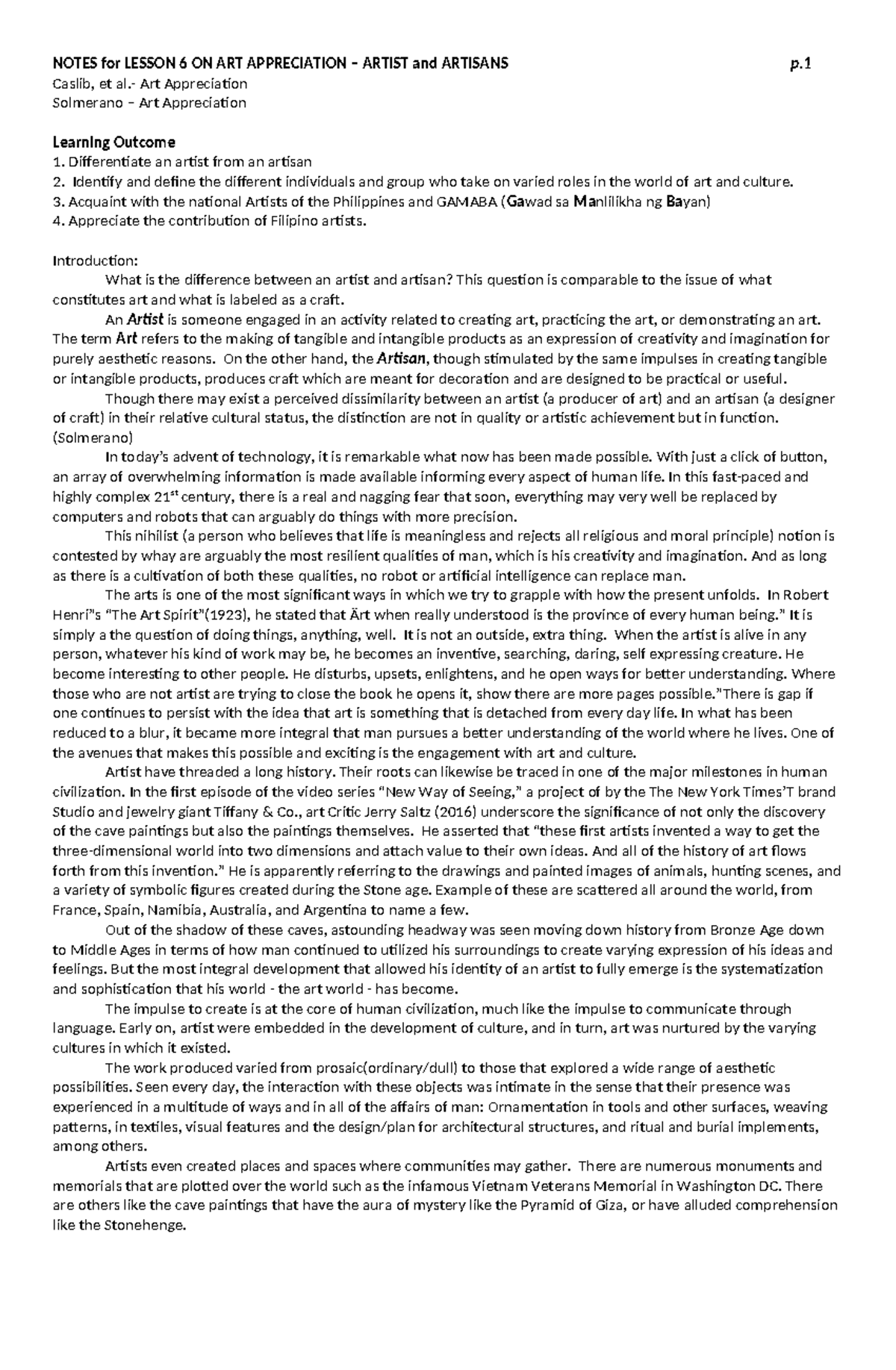 Notes 6 ON ART Appreciation Artist and Artisan - NOTES for LESSON 6 ON ...