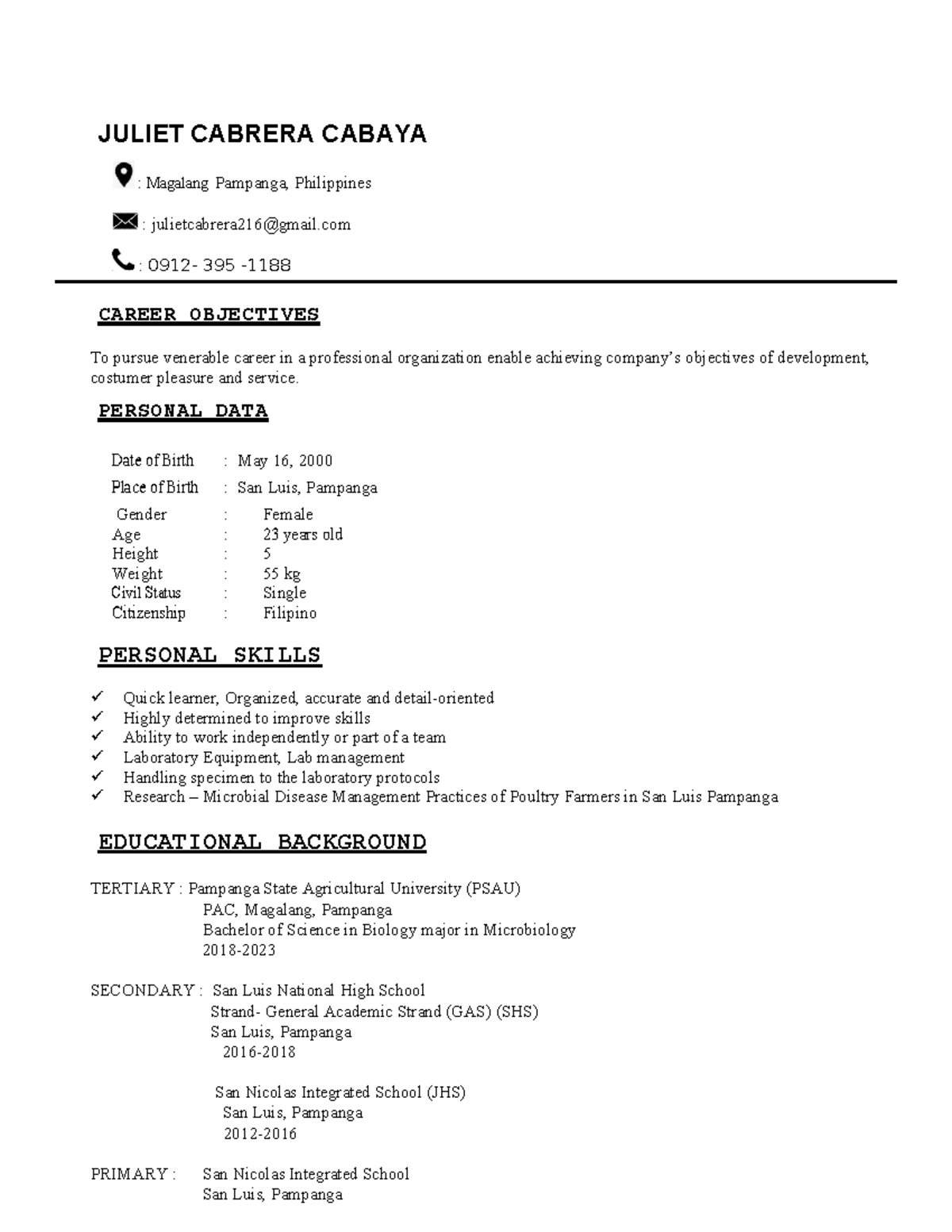 Cabaya resume - Goodluck - JULIET CABRERA CABAYA : Magalang Pampanga ...