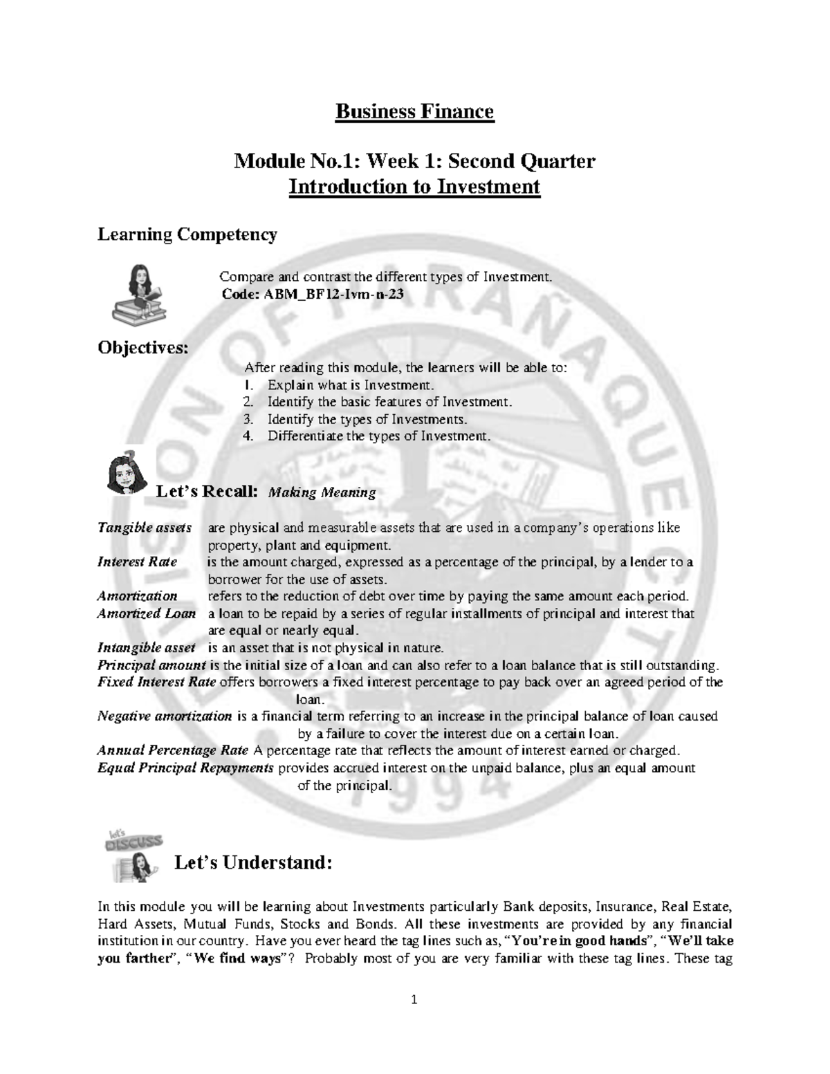 Business Finance Grade 12 QTR2 Module 1 WEEK 1 Business Finance