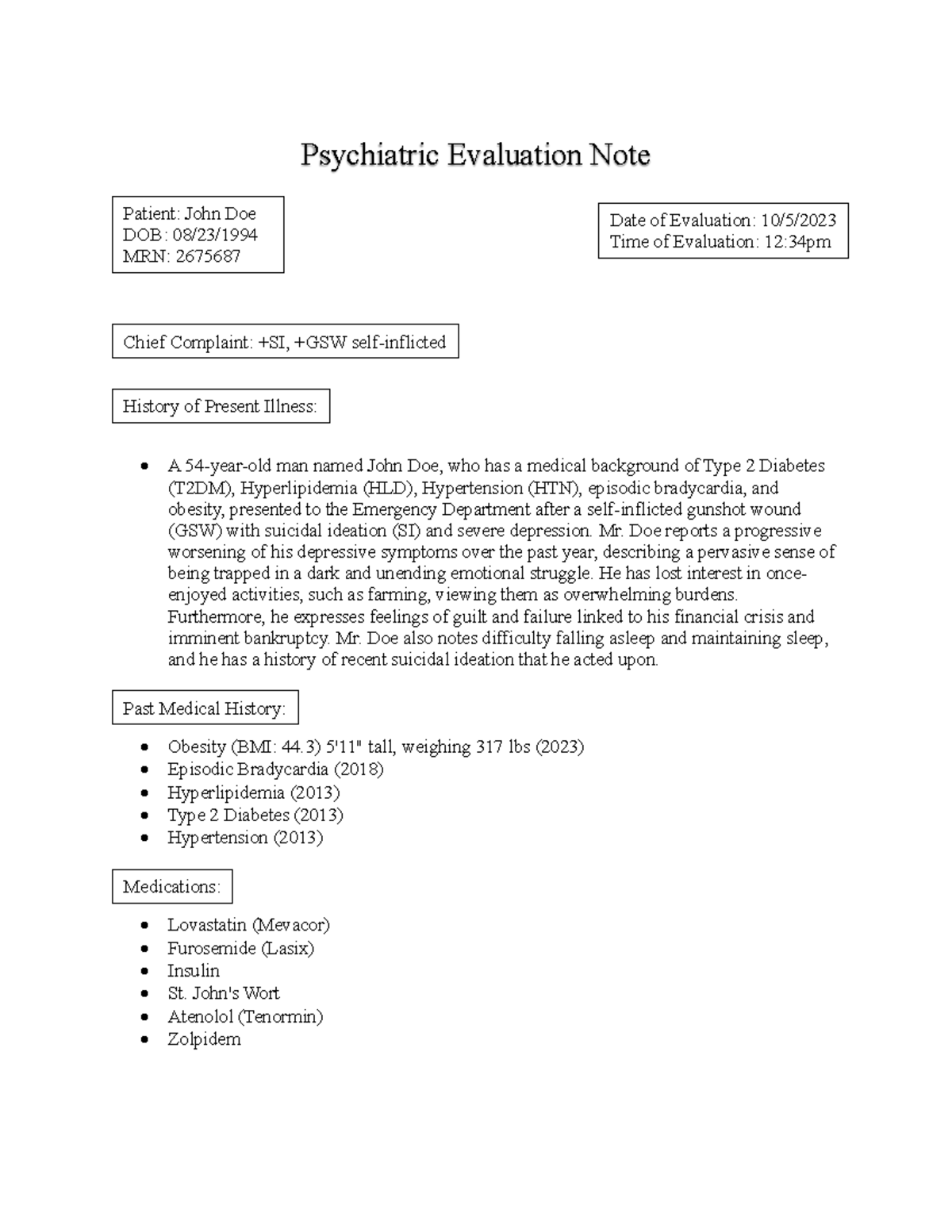 Interview Work hs - Psychiatric Evaluation Note A 54-year-old man named ...