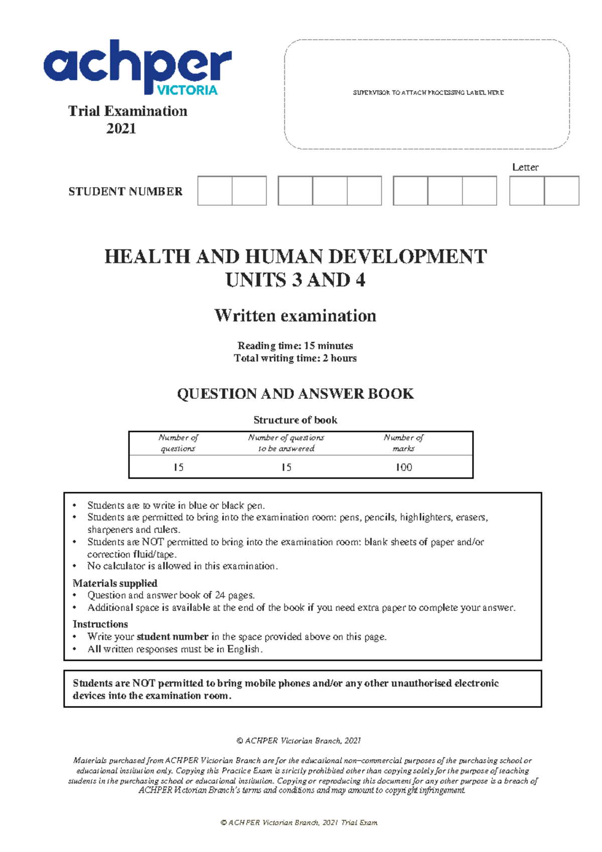 Copy of 2021 Achper HHD Units 3 and 4 Trial EXAM Questions Final ...