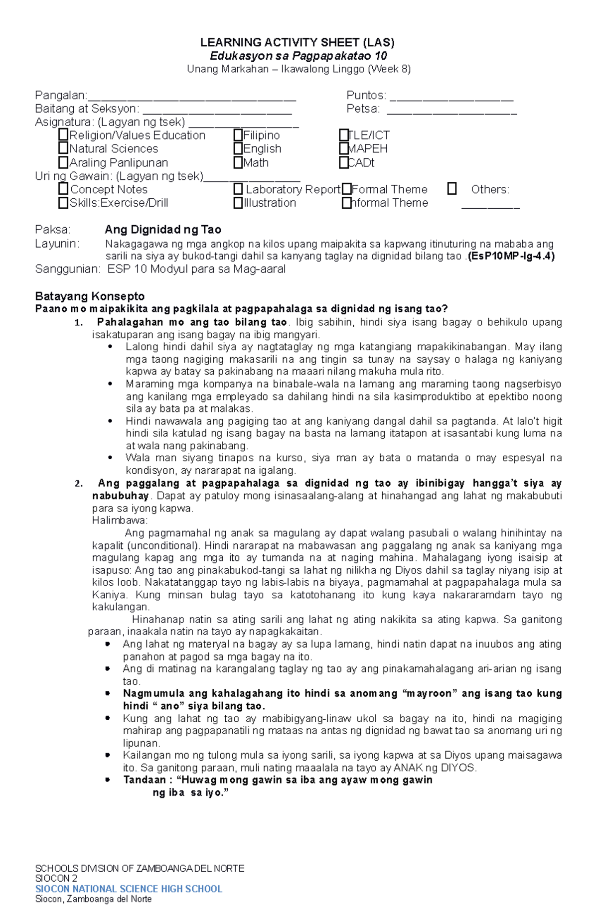 LAS 8 dignidad - Values Education - LEARNING ACTIVITY SHEET (LAS ...