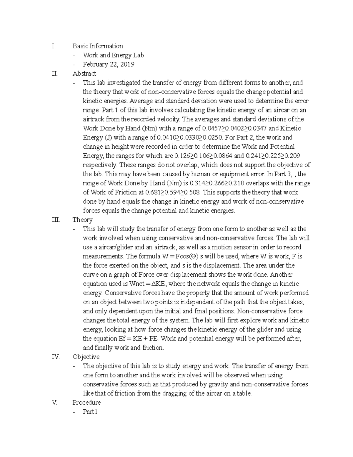 Work and Energy Lab Report - I. Basic Information - Work and Energy Lab ...