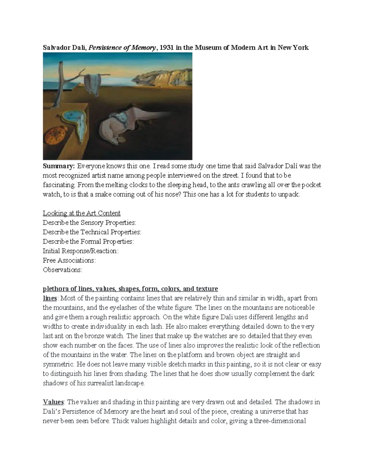 Draft for Art Muesum Essay - Salvador Dalí, Persistence of Memory, 1931 ...