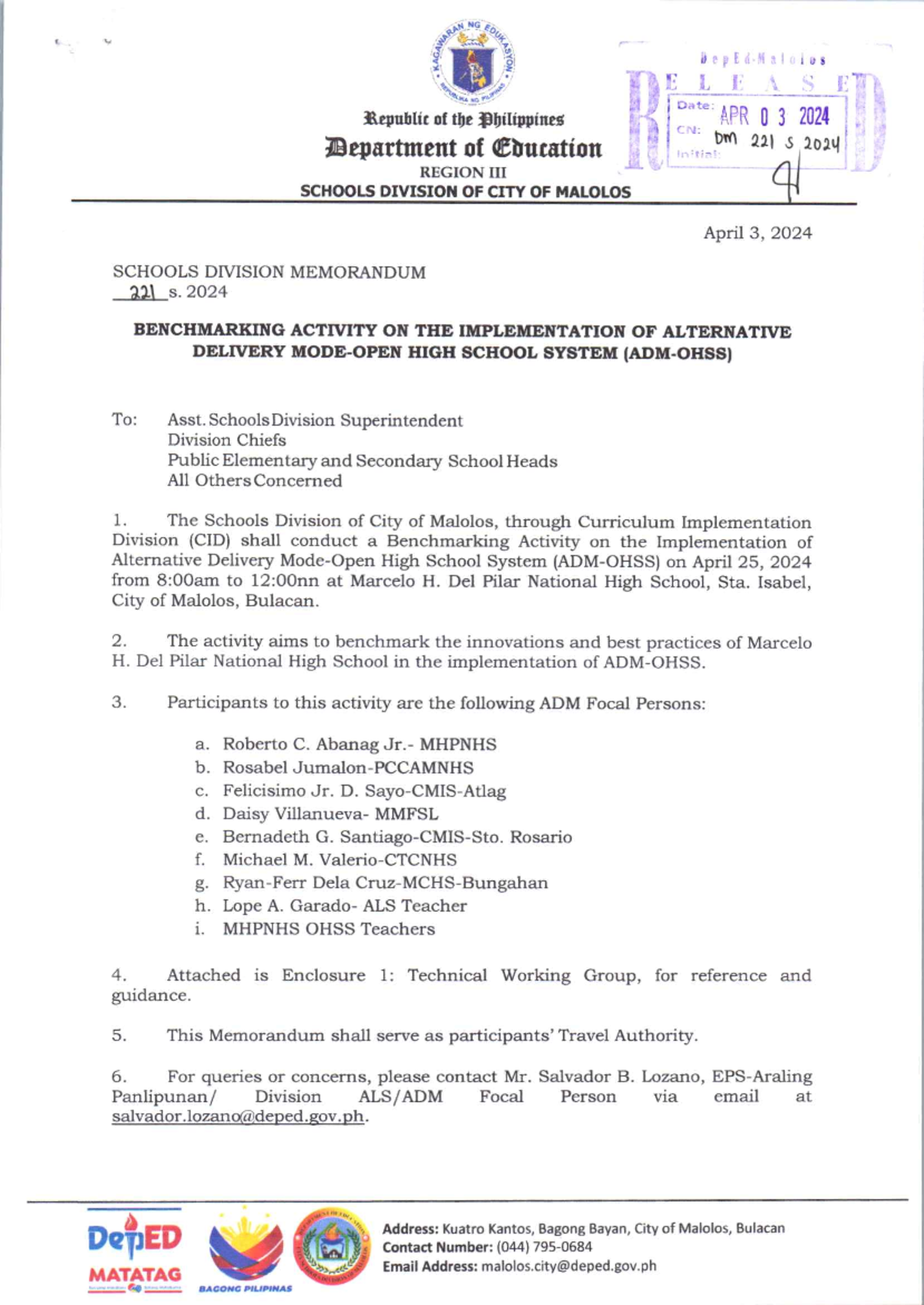 DM 221 s 2024 Benchmarking Activity on the Implementation of ...