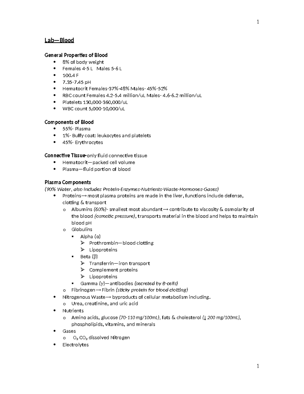 anatomy lecture blood notes - Lab—Blood General Properties of Blood 8% ...
