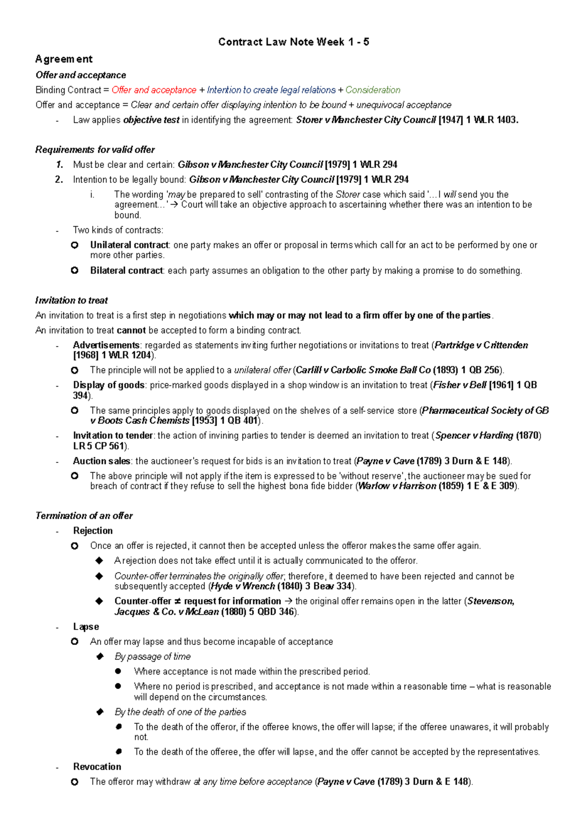Contract Law Note Week 1 5 Requirements For Valid Offer 1 Must Be contract-law-note-week-1-5-requirements-for-valid-offer-1-must-be