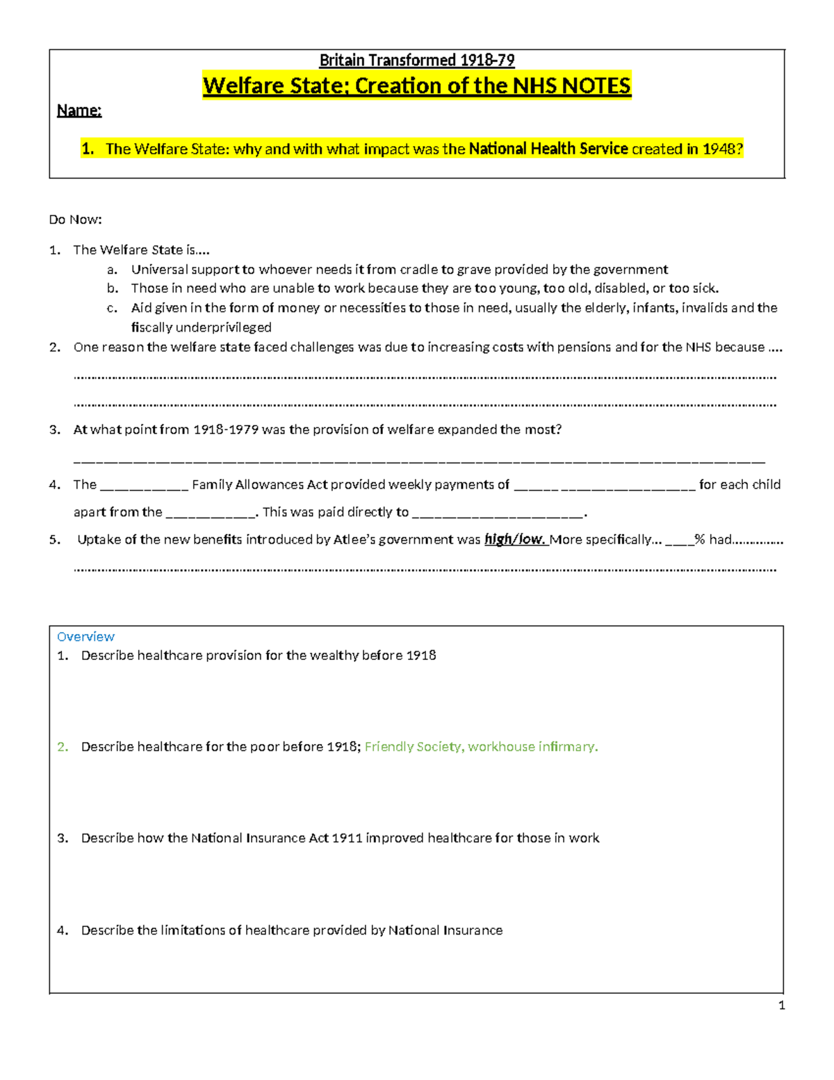 20. Creation of NHS Notes - Britain Transformed 1918- Welfare State ...