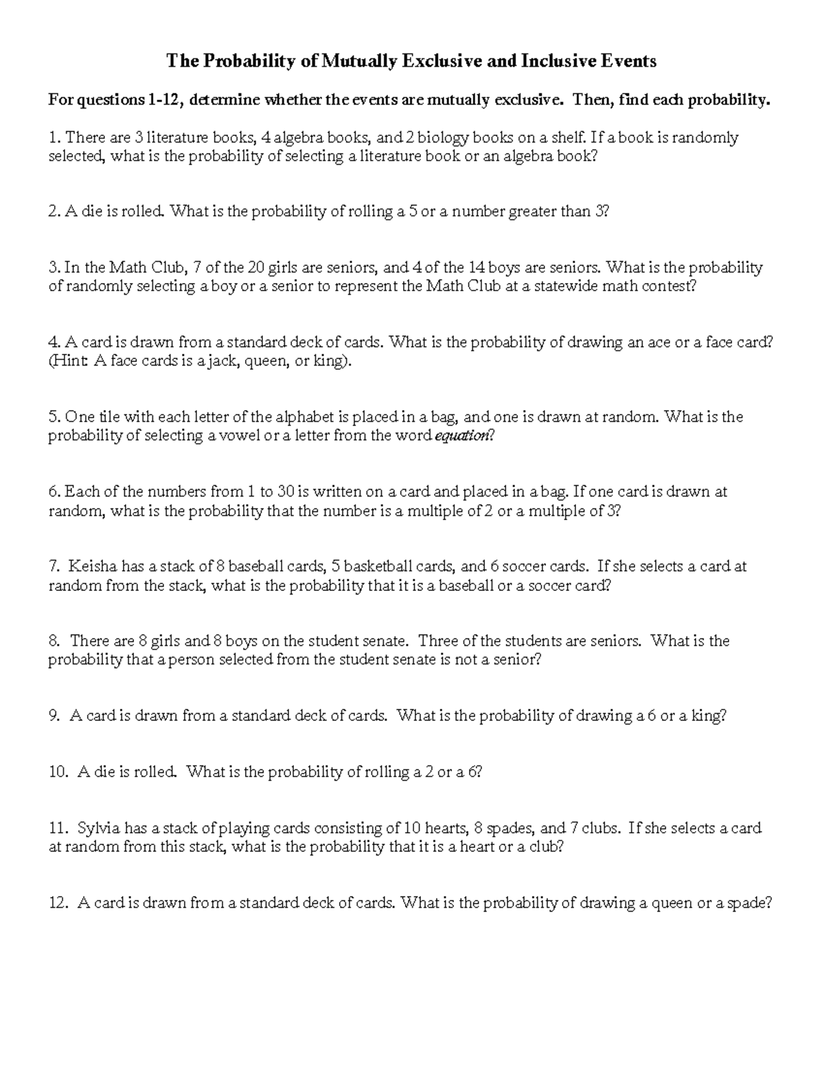 Mutually exclusive and inclusive classwork - The Probability of ...