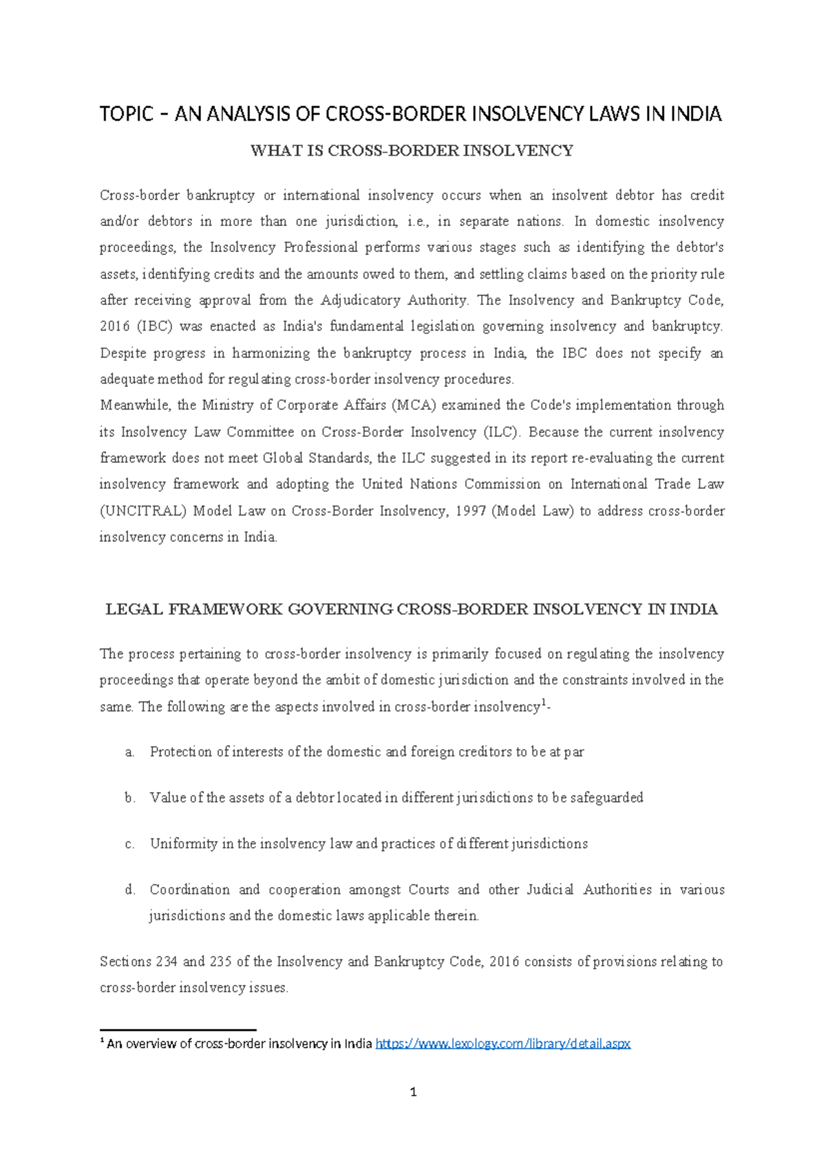 Analysis of cross border insolvency in india - TOPIC – AN ANALYSIS OF CROSS-BORDER INSOLVENCY ...