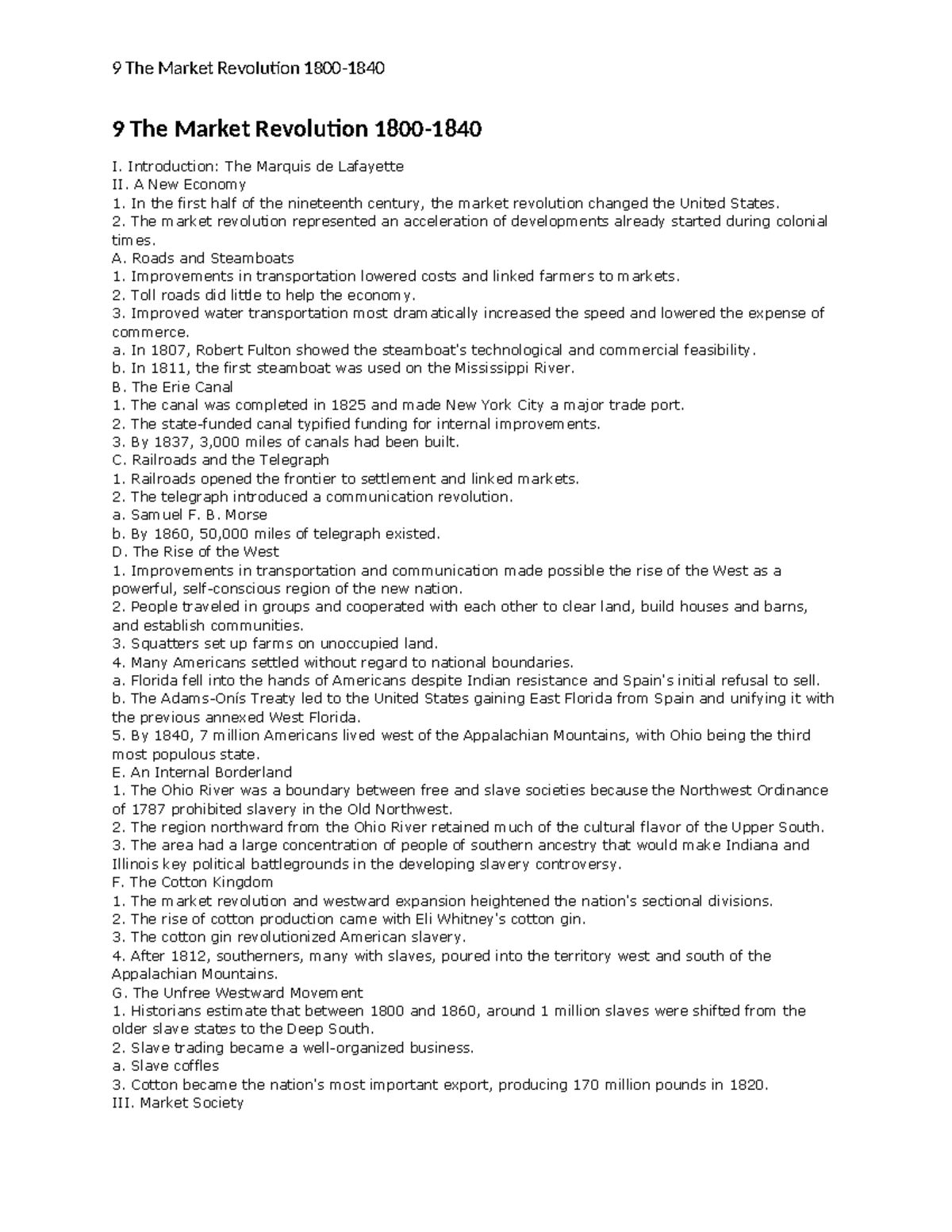 Outline 9 The Market Revolution 1800-1840 - 9 The Market Revolution ...