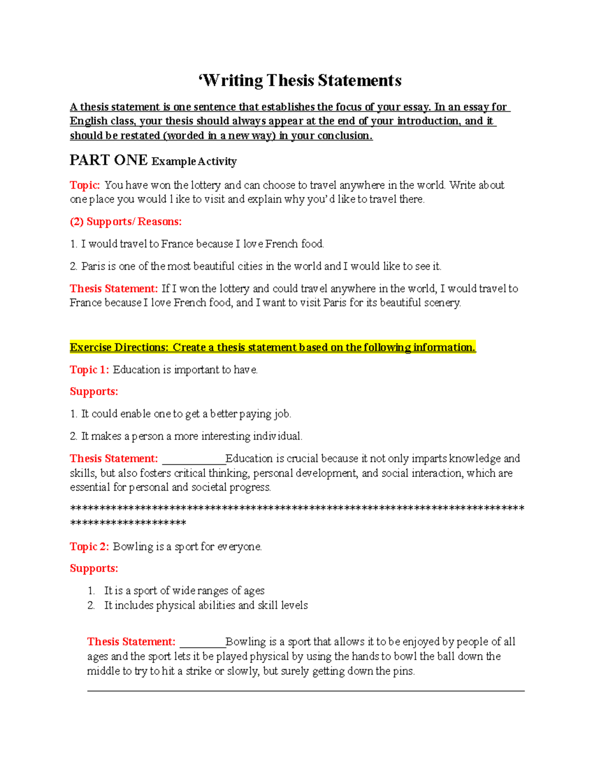 Thesis Practice Part 2 - Notes - ‘Writing Thesis Statements A thesis ...