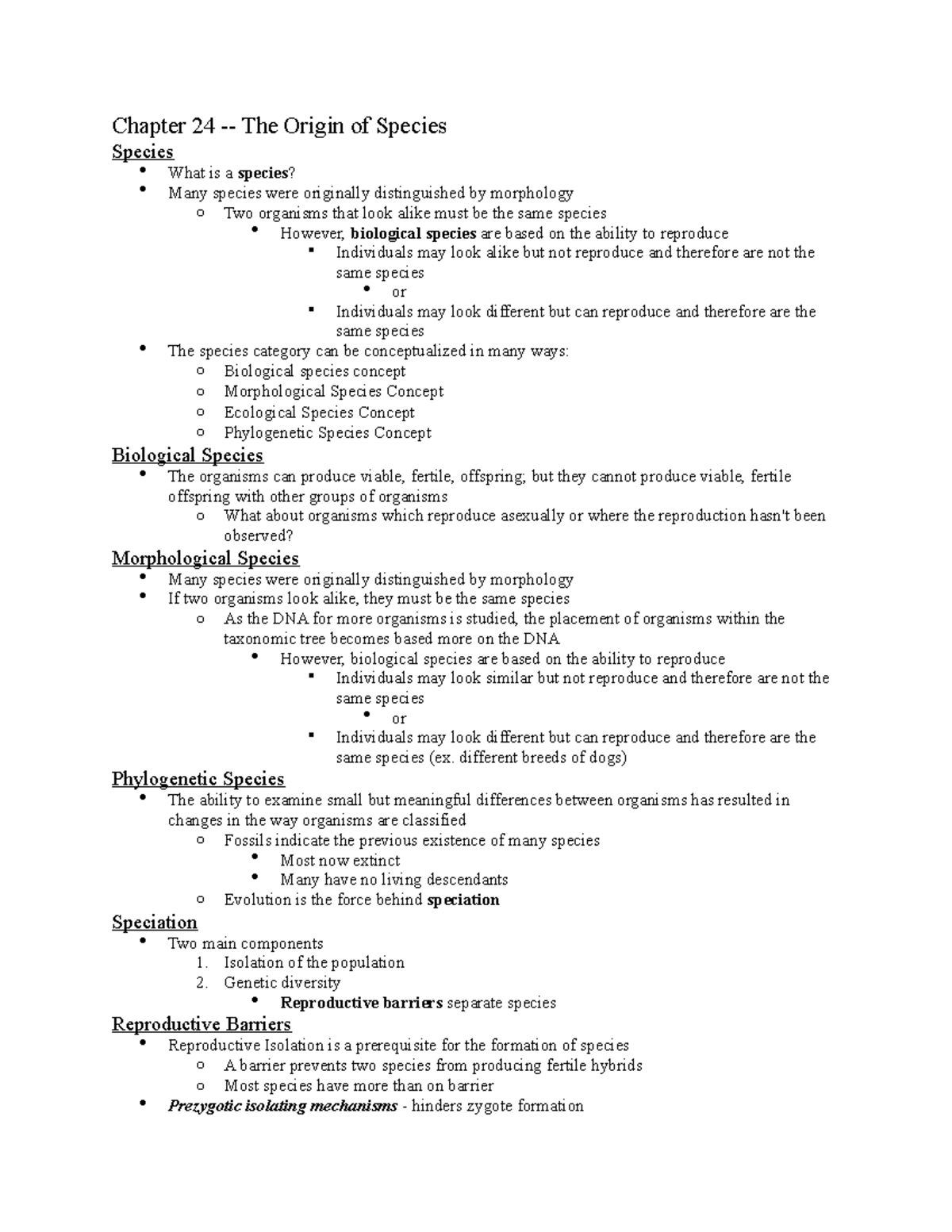 chpt. 24 - the origin of species - Chapter 24 - The Origin of Species Species What is a species ...