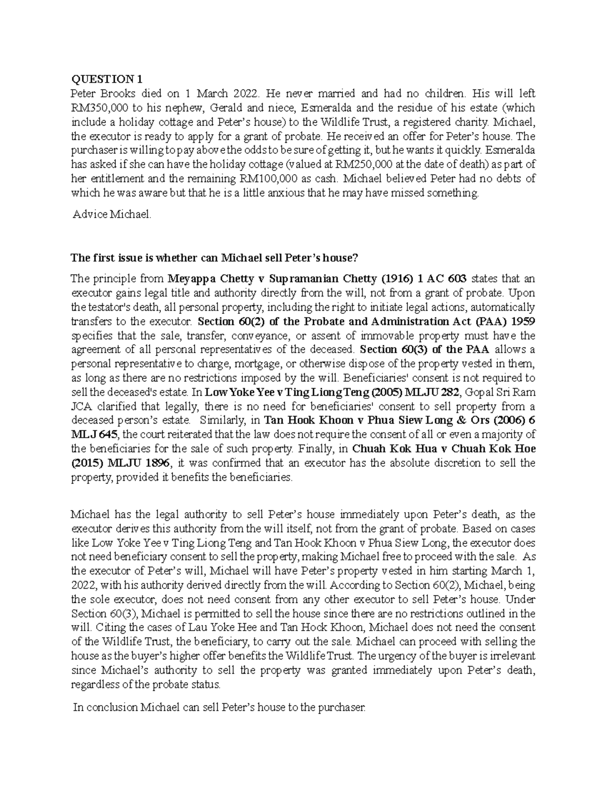 Tuto 9 - Tuto 9 - QUESTION 1 Peter Brooks died on 1 March 2022. He ...