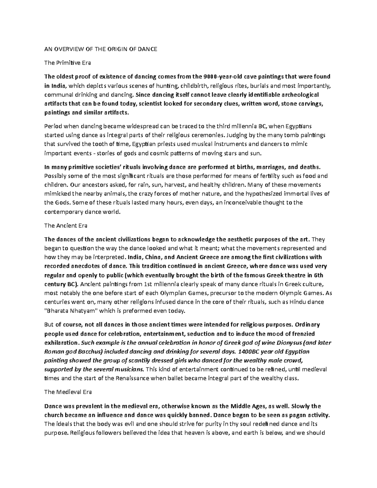 Report Readings - AN OVERVIEW OF THE ORIGIN OF DANCE The Primitive Era ...