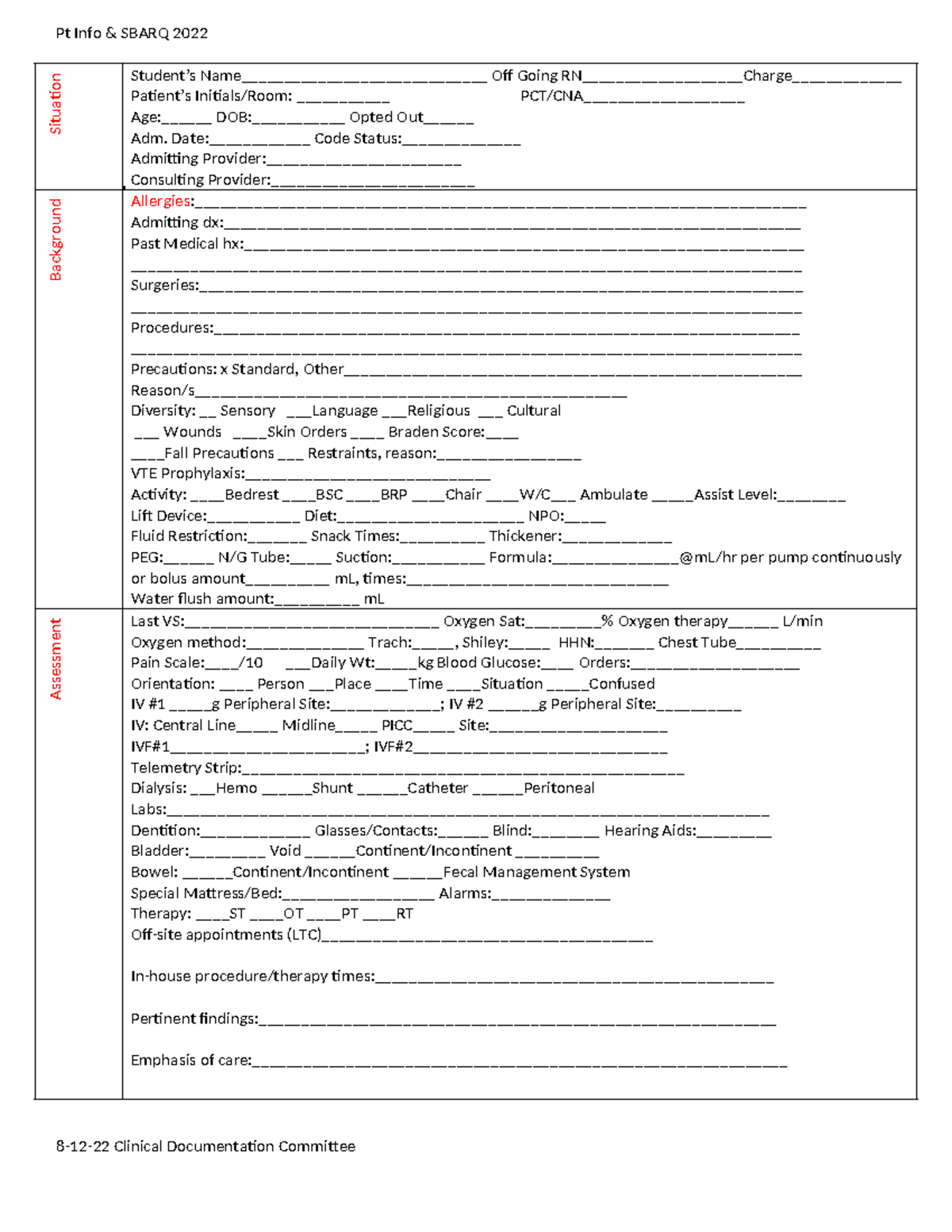 SBAR & Pt Info - SBAR - Pt Info & SBARQ 2022 Situation Student’s - Studocu