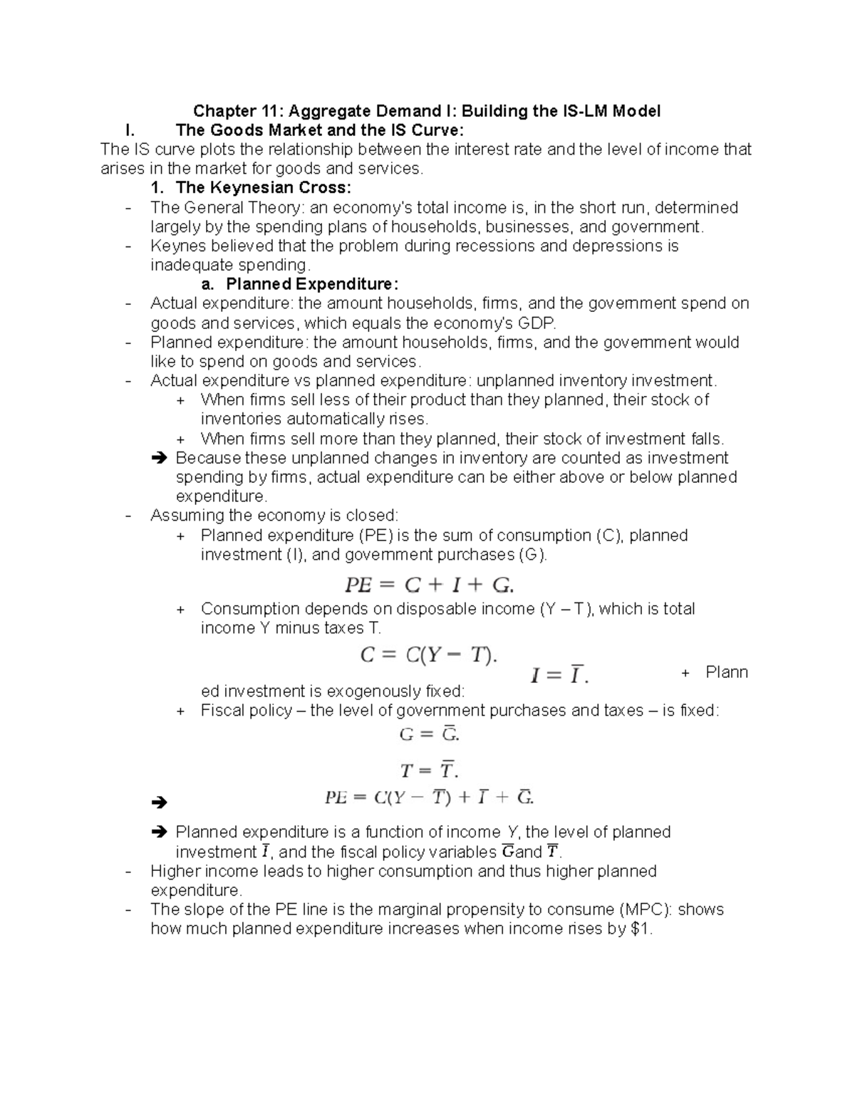 Chapter 11 Aggregate Demand I Building the IS LM Model - The Goods Market and the IS Curve: The ...