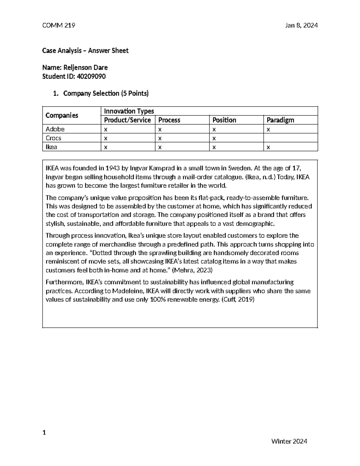01 Case Analysis Answer Sheet - Case Analysis – Answer Sheet Name ...