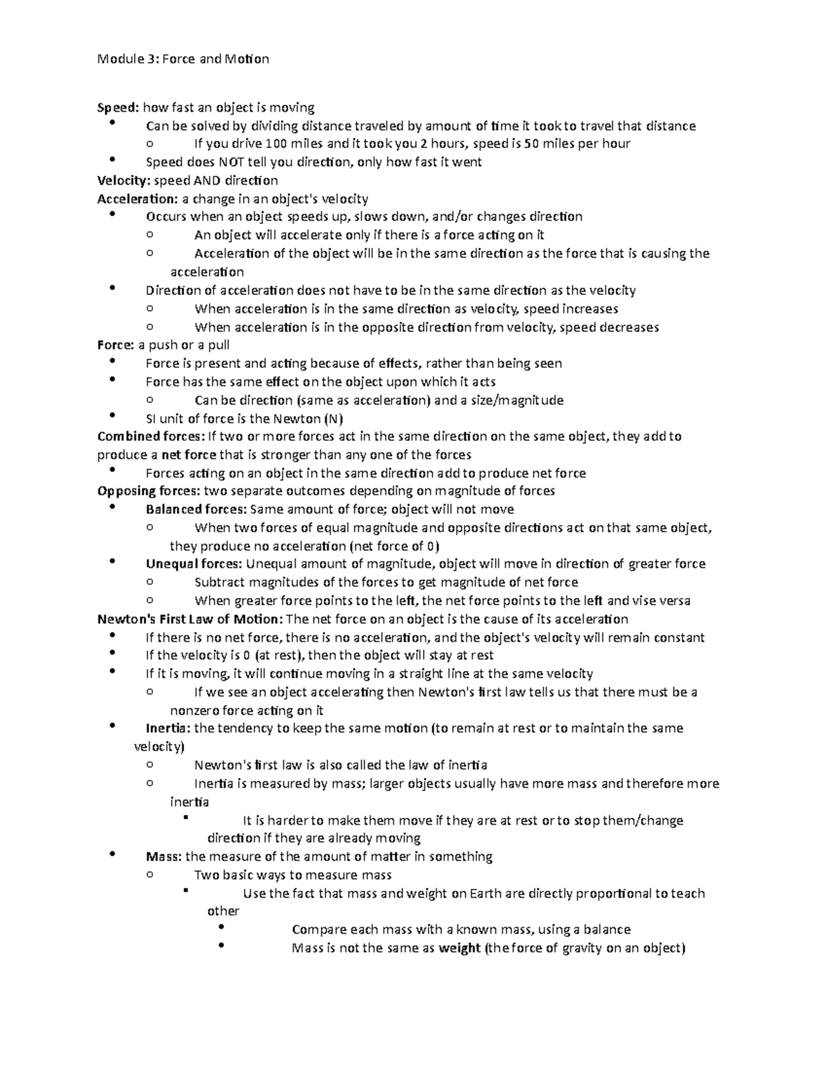 Module 3 - Summarizes the concepts of force, motion, and other major ...