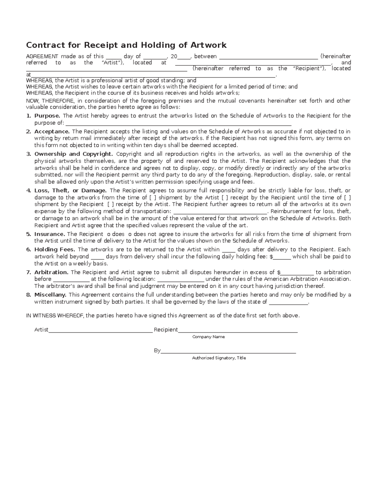Form 06 - Contract for Receipt and Holding of Artwork Template from the ...