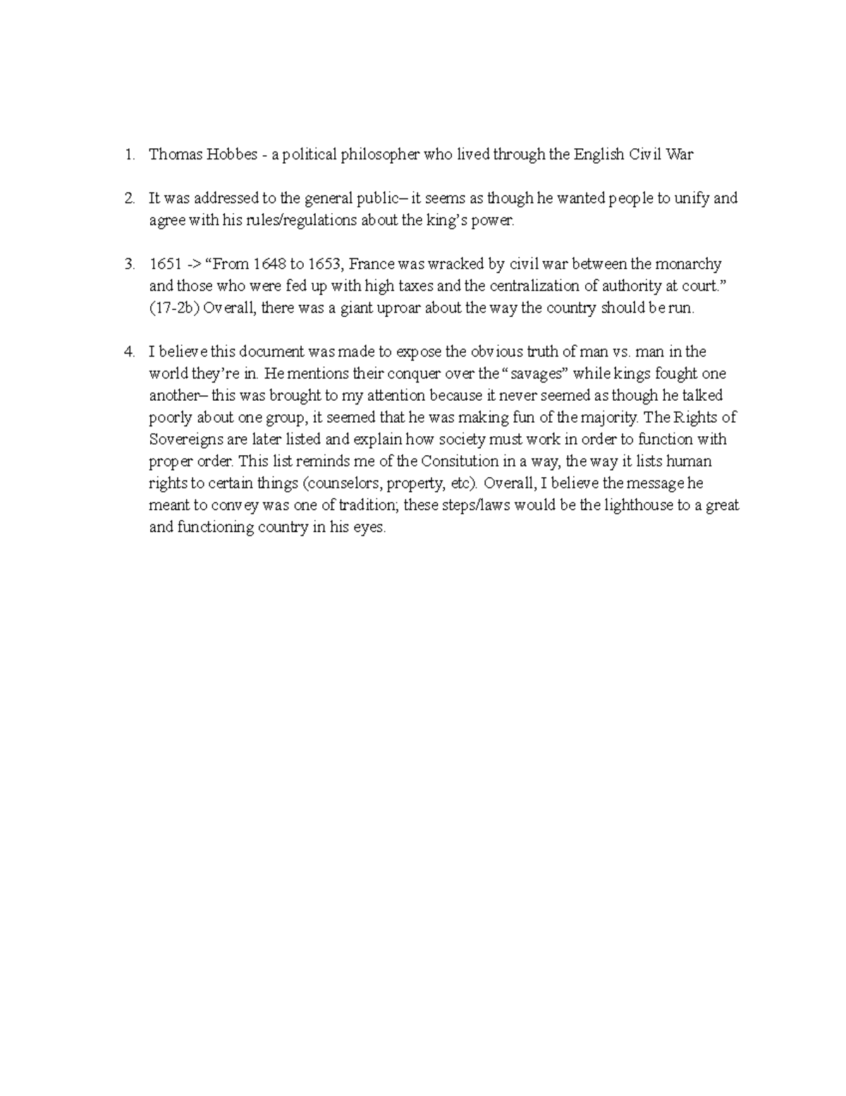 Writing Assignment 4 - HIS 102 (Joseph Peterson) Thomas Hobbes - Thomas ...