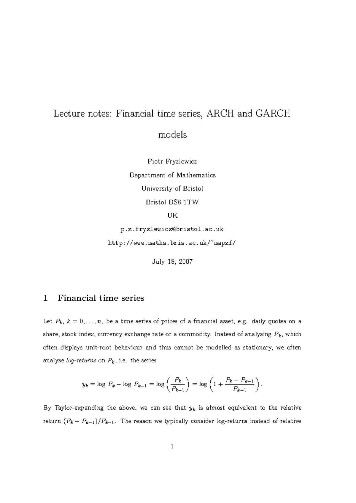 Garch - Lecture notes: Financial time series, ARCH and GARCH models ...