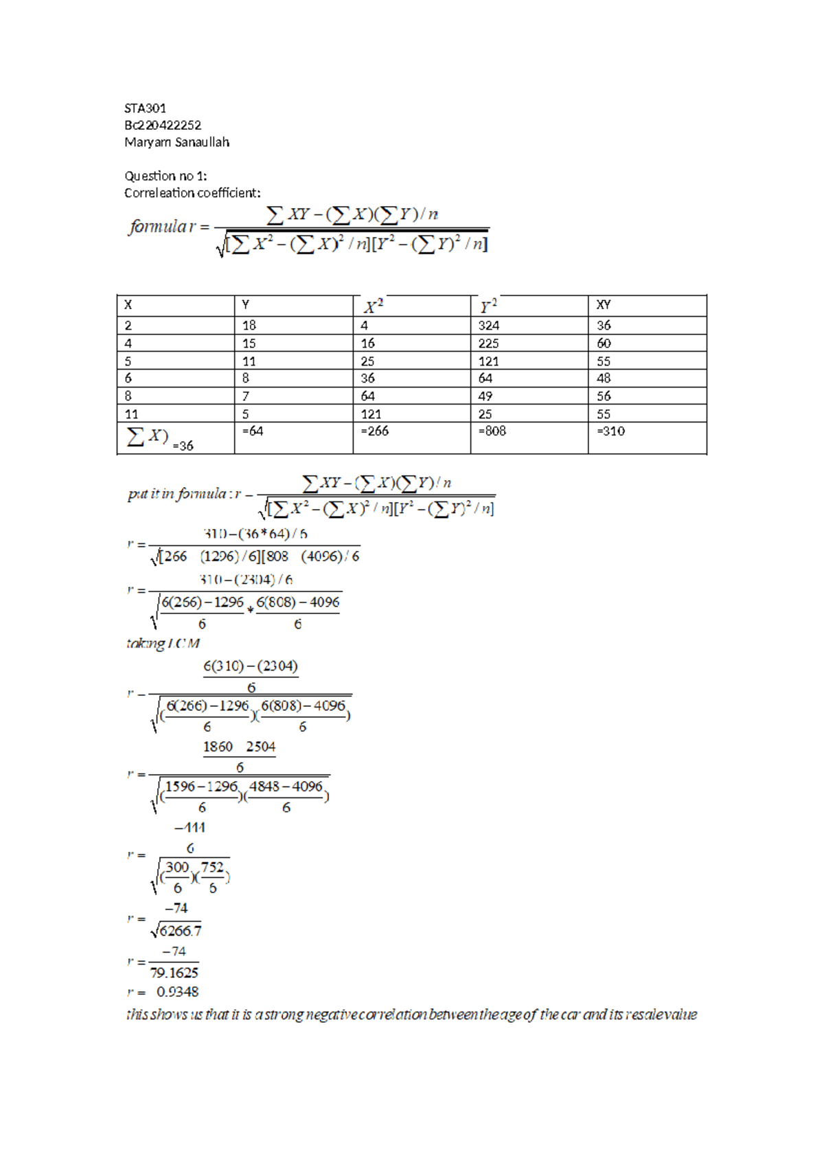 STA301 bc220422252 - Statistics and Probability - STA Bc Maryam Sanaullah Question no 1: - Studocu