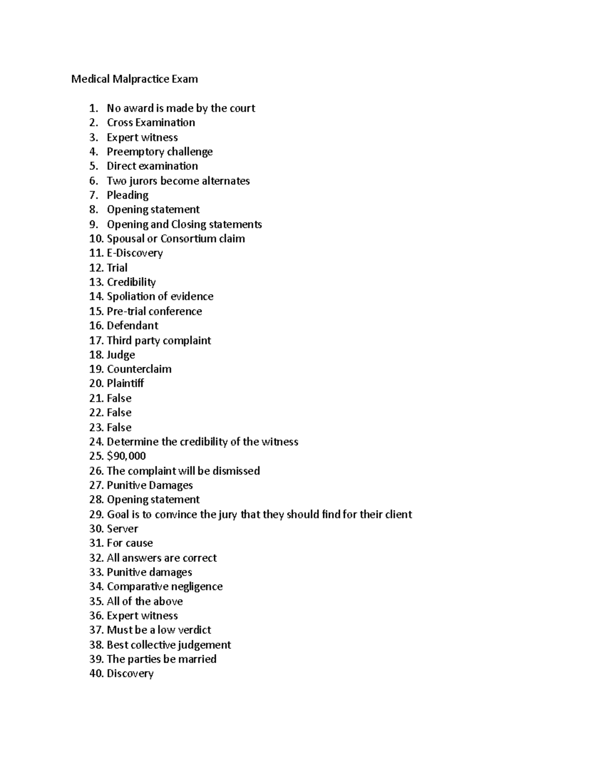 Medical Malpractice Exam answer sheet - Medical Malpractice Exam No ...
