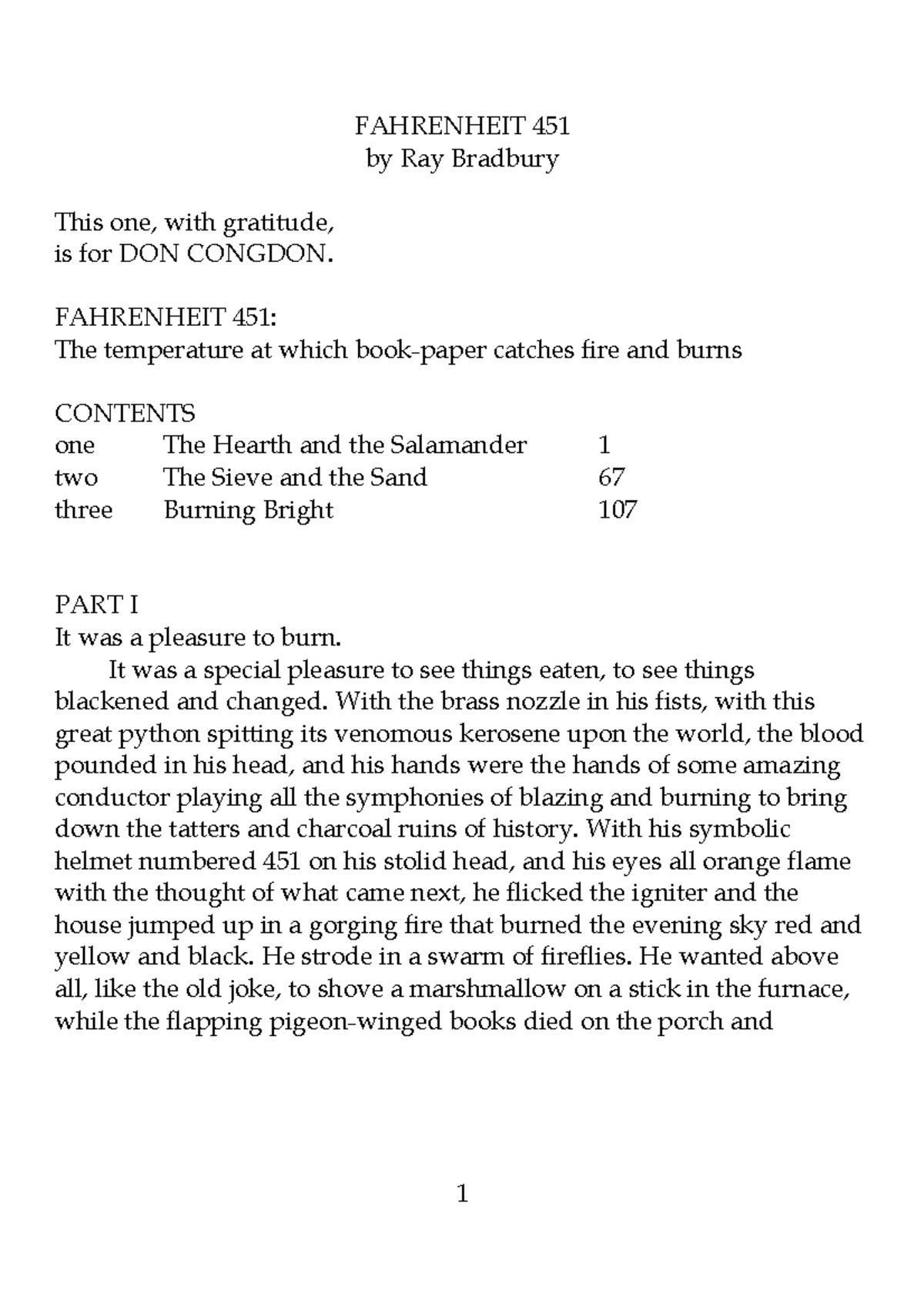 Fahrenheit 451 Full Text - FAHRENHEIT 451 by Ray Bradbury This one ...